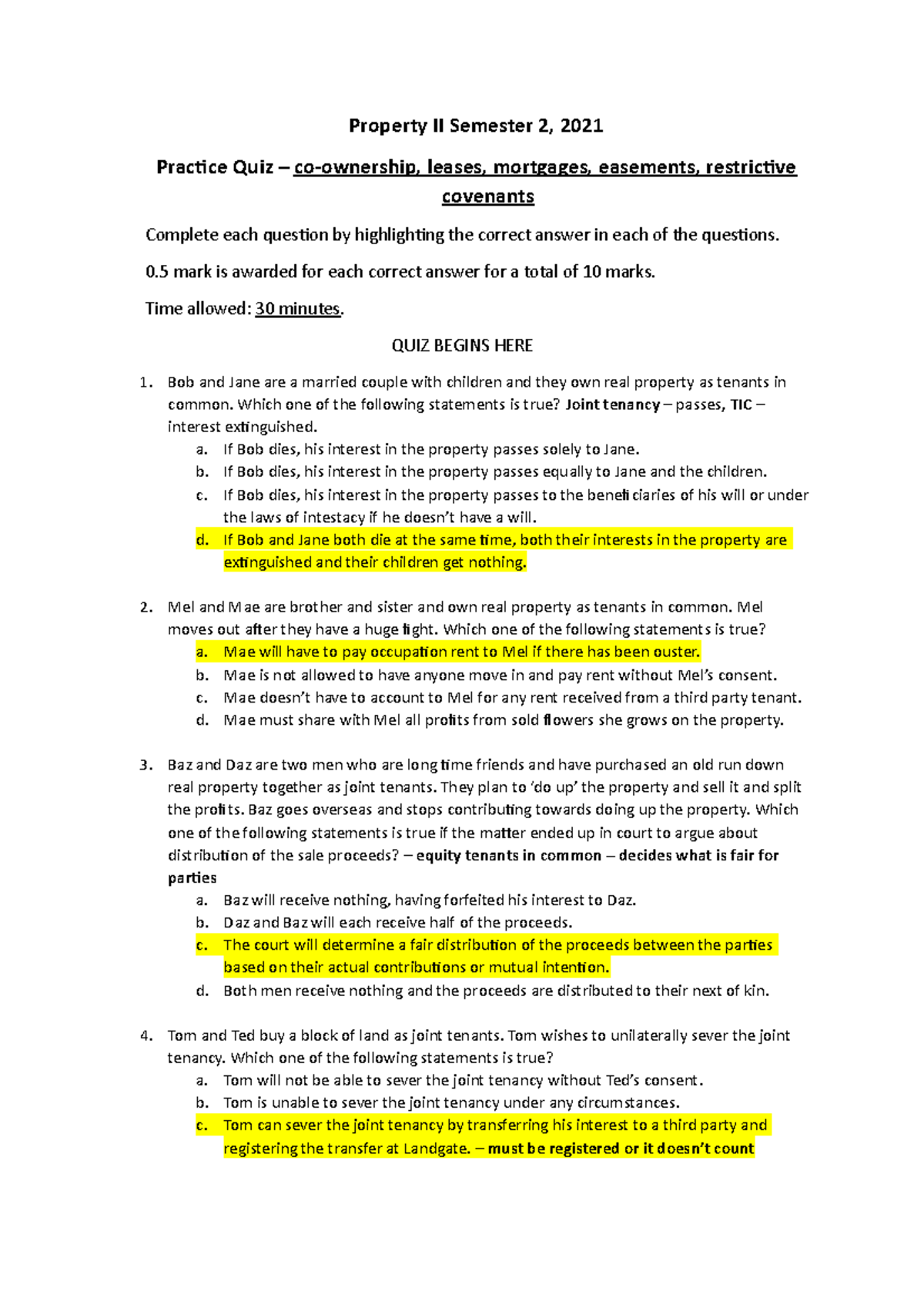 Property II Practice Quiz: Co-Ownership, Leases, Mortgages, and ...