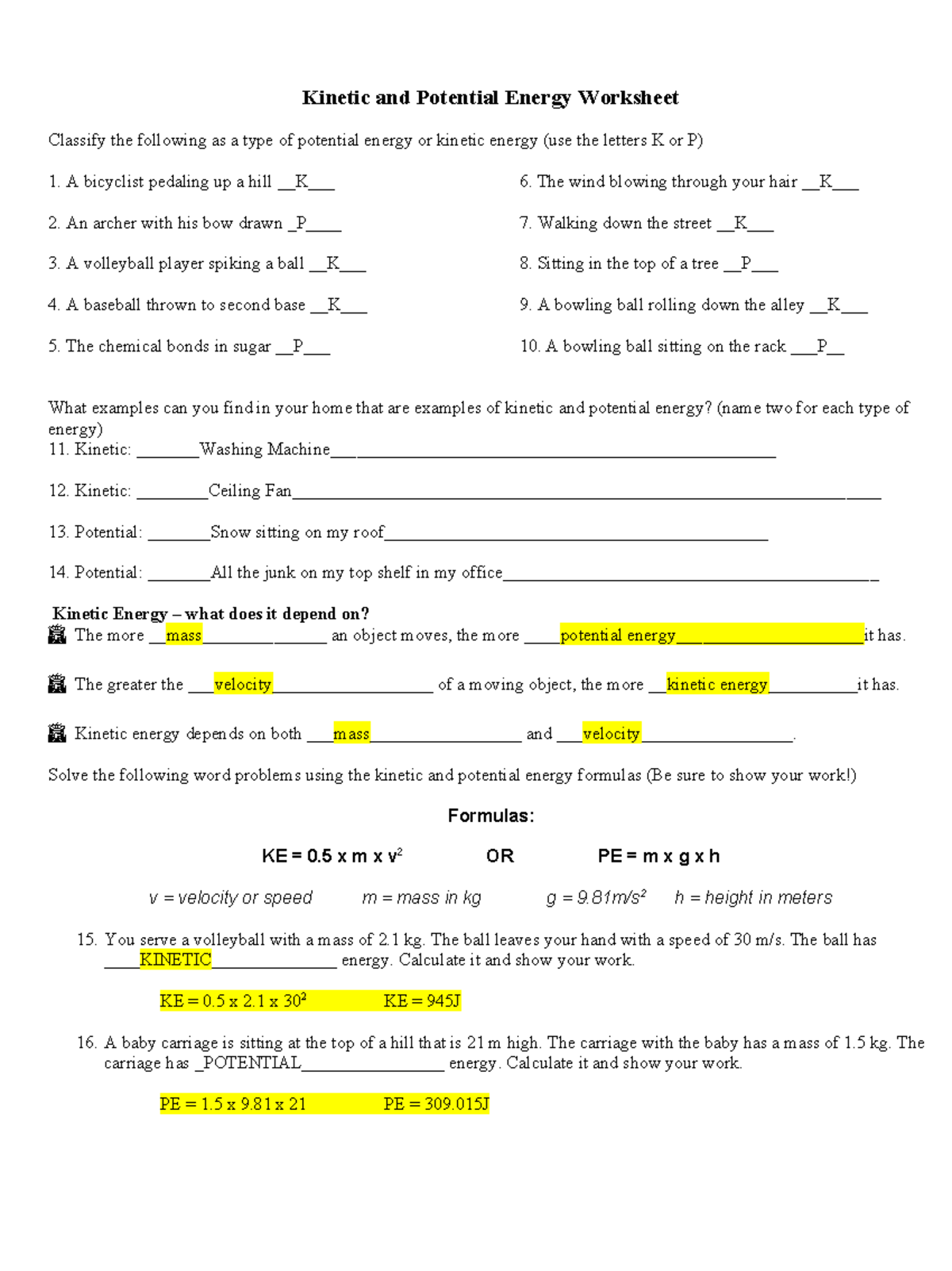 Kinetic & Potential Energy Worksheet Answer Key (Physics 101) - Studocu