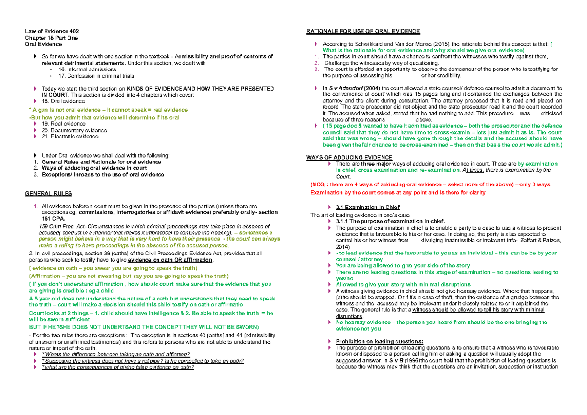 Law of Evidence 402 - Chapter 18: Oral Evidence Part 1 Overview - Studocu