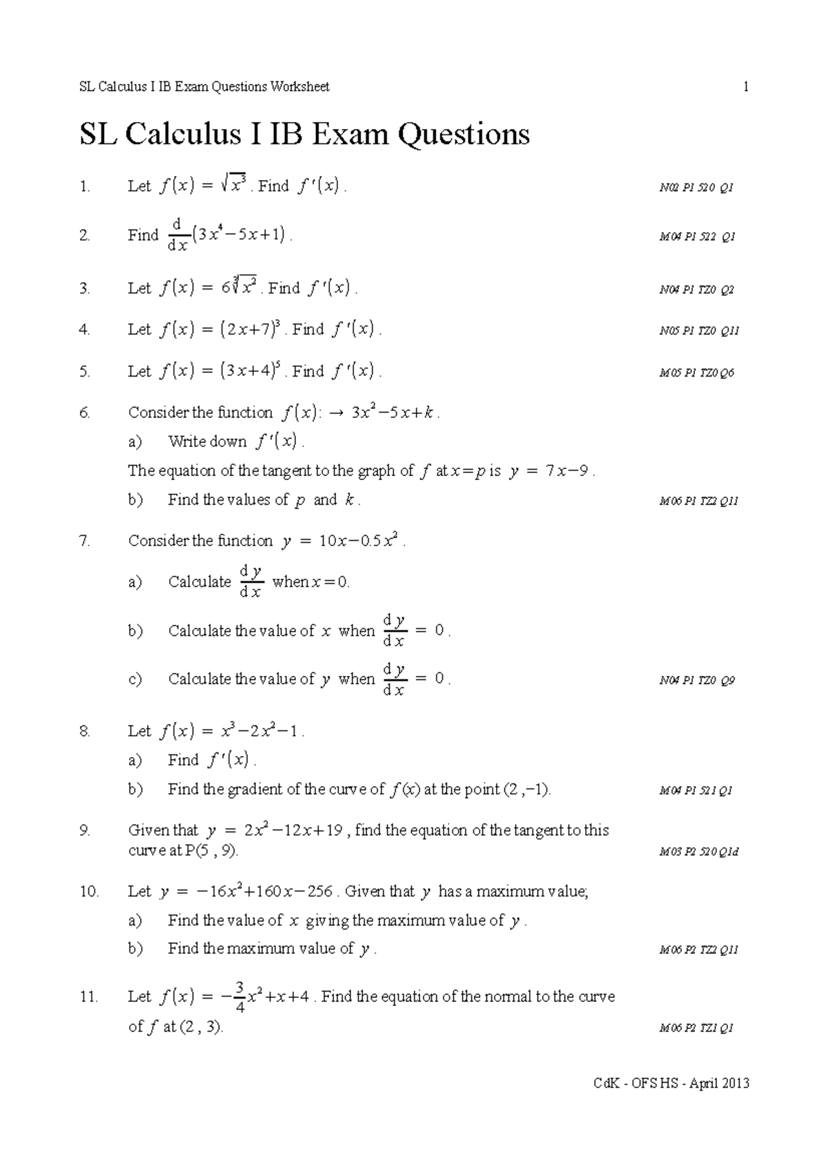 SL Calculus I IB Exam Questions Worksheet 1 Solutions - Studocu