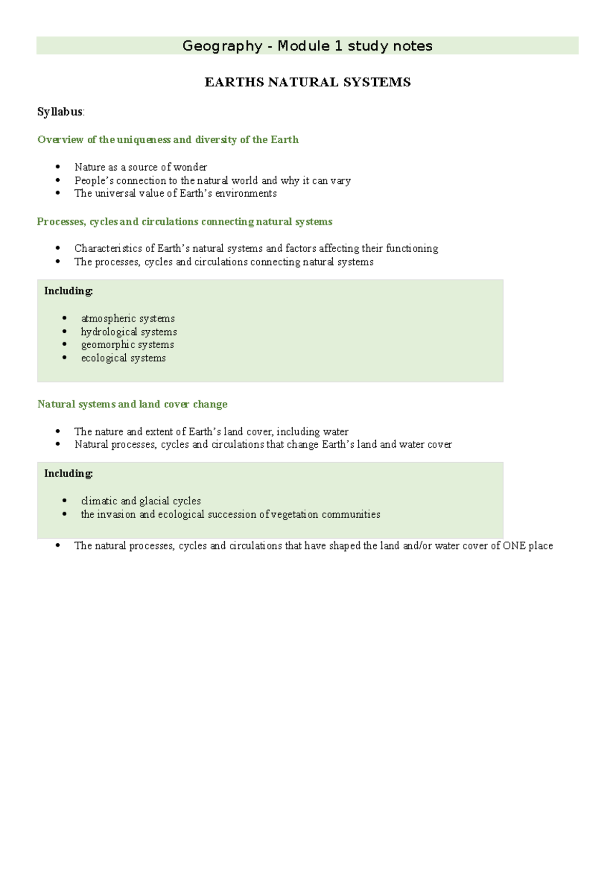 Geography Module 1 Study Notes: Earth's Natural Systems Overview - Studocu