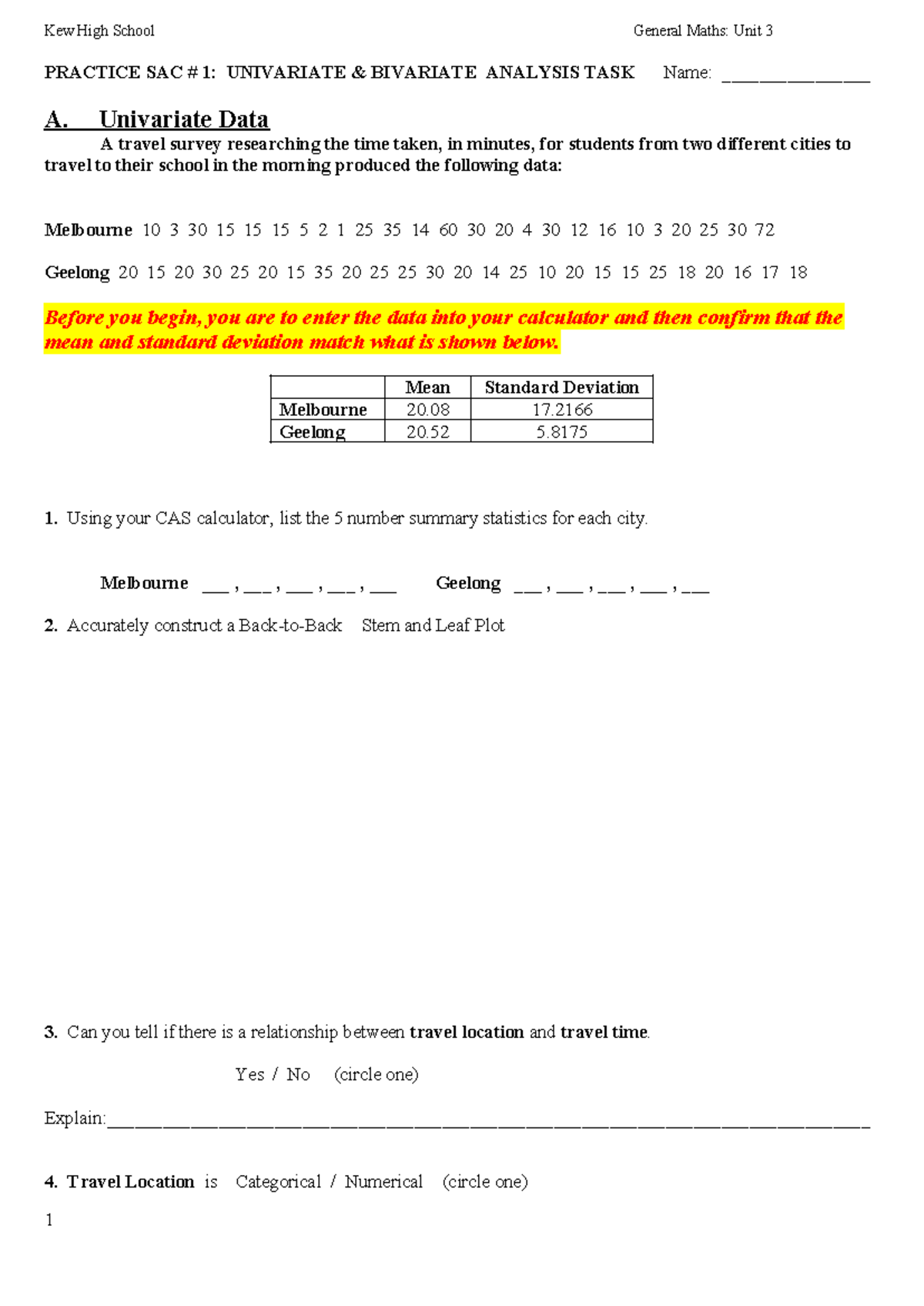 Kew High School General Maths: Unit 3 Practice SAC 1 - Univariate ...