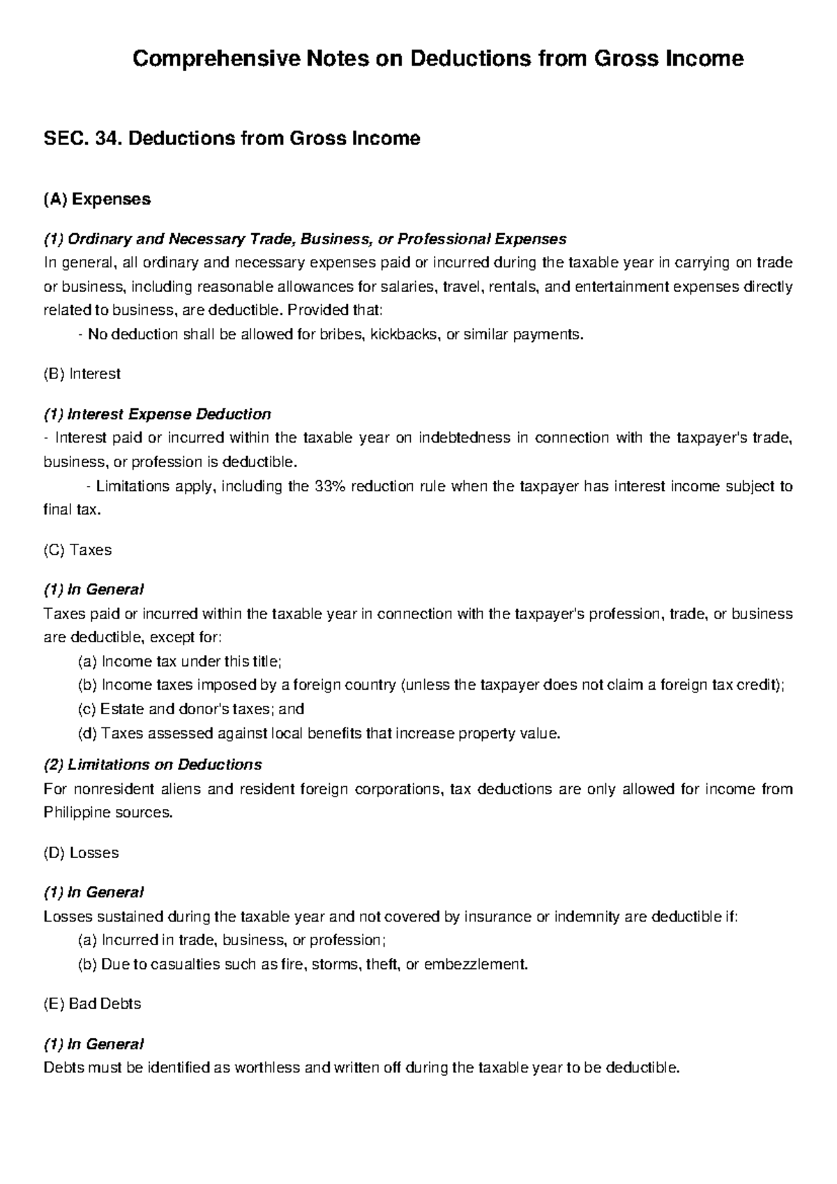 Comprehensive Notes on Deductions from Gross Income SEC. 34 - Studocu