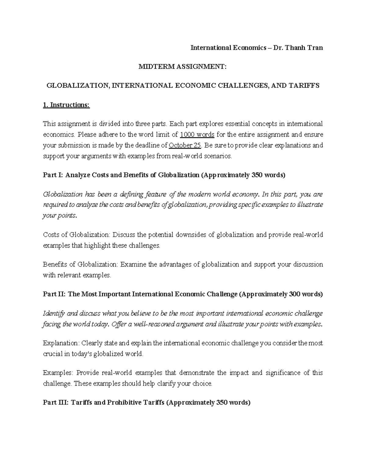 International Economics MIDTERM ASSIGNMENT: Globalization & Tariffs ...