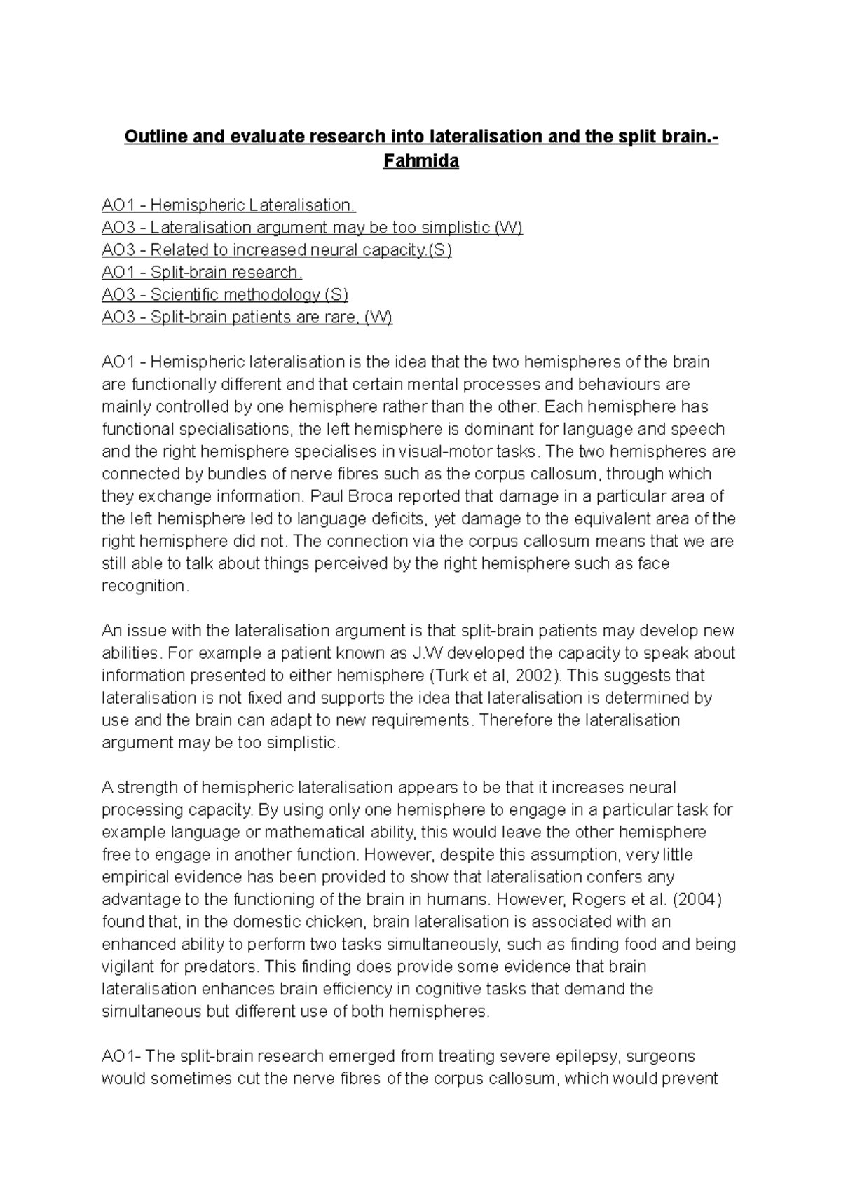 Research on Hemispheric Lateralisation & Split-Brain Effects - Studocu