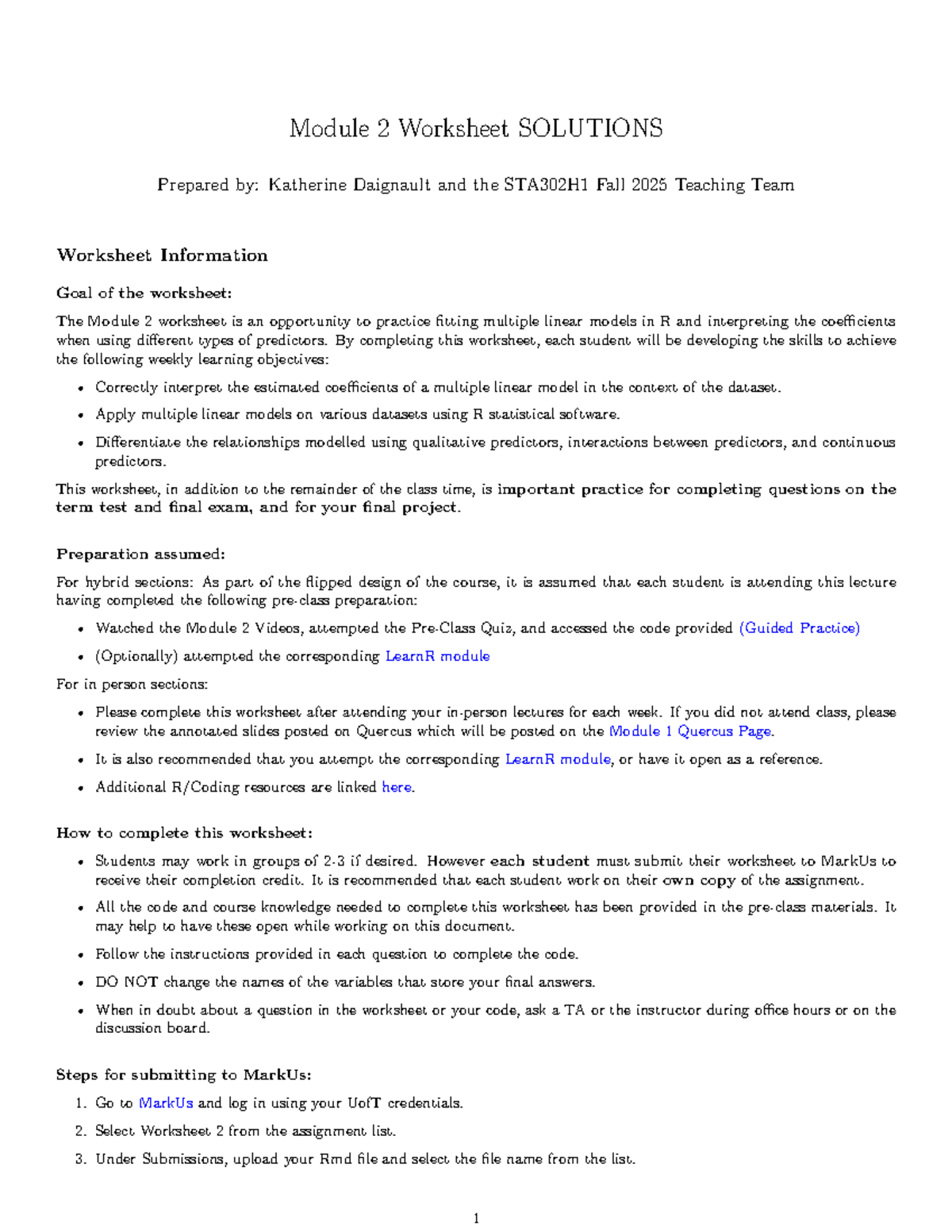 STA302H1 Fall 2025 Module 2 Worksheet 2 Solutions - Studocu