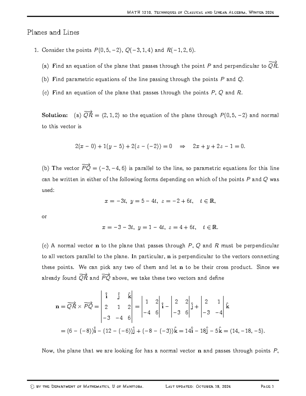 MATH 1210, Classical & Linear Algebra, Winter 2024: Planes & Lines ...
