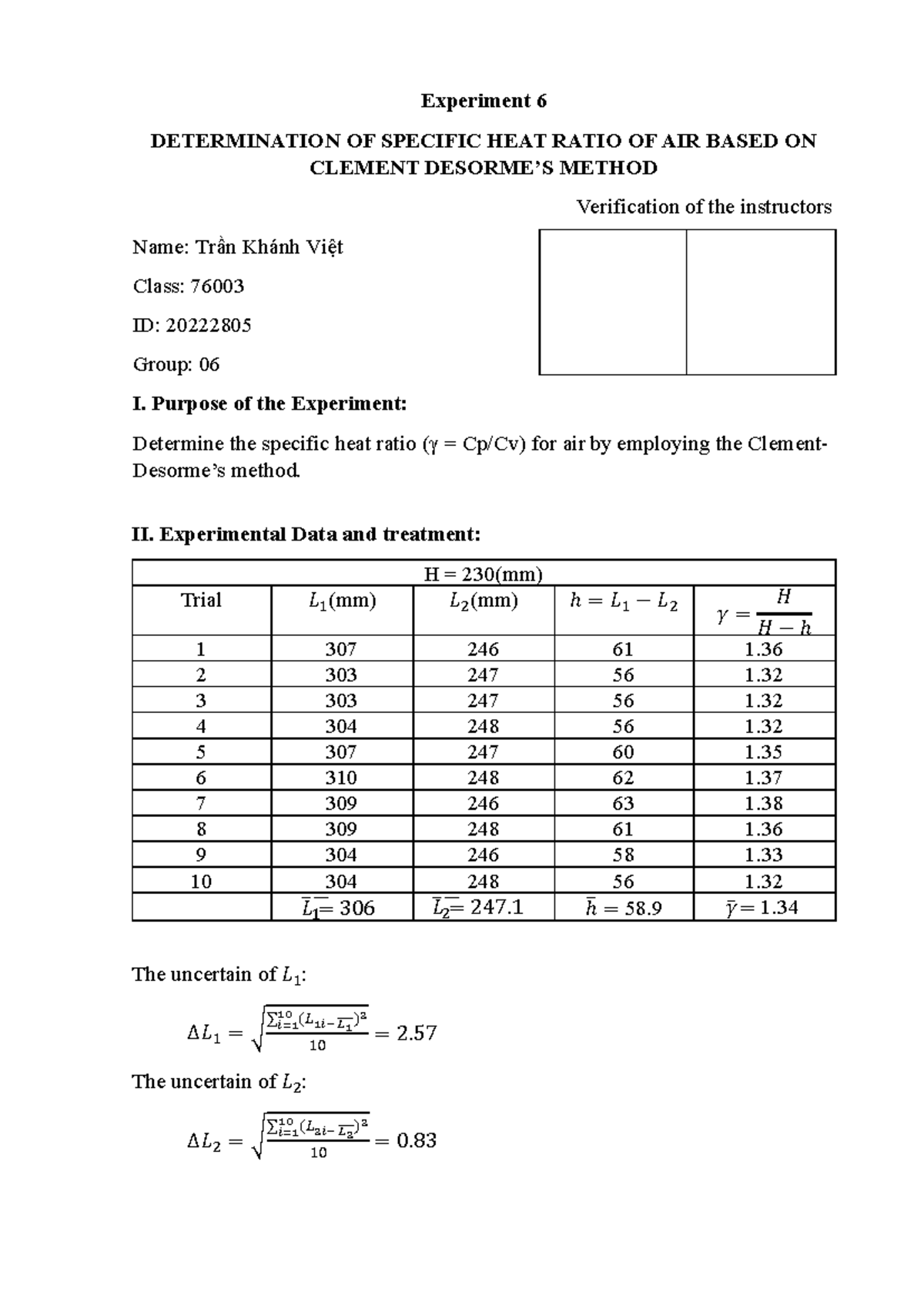 PH1026 Lab Report 6: Specific Heat Ratio of Air via Clement Method ...
