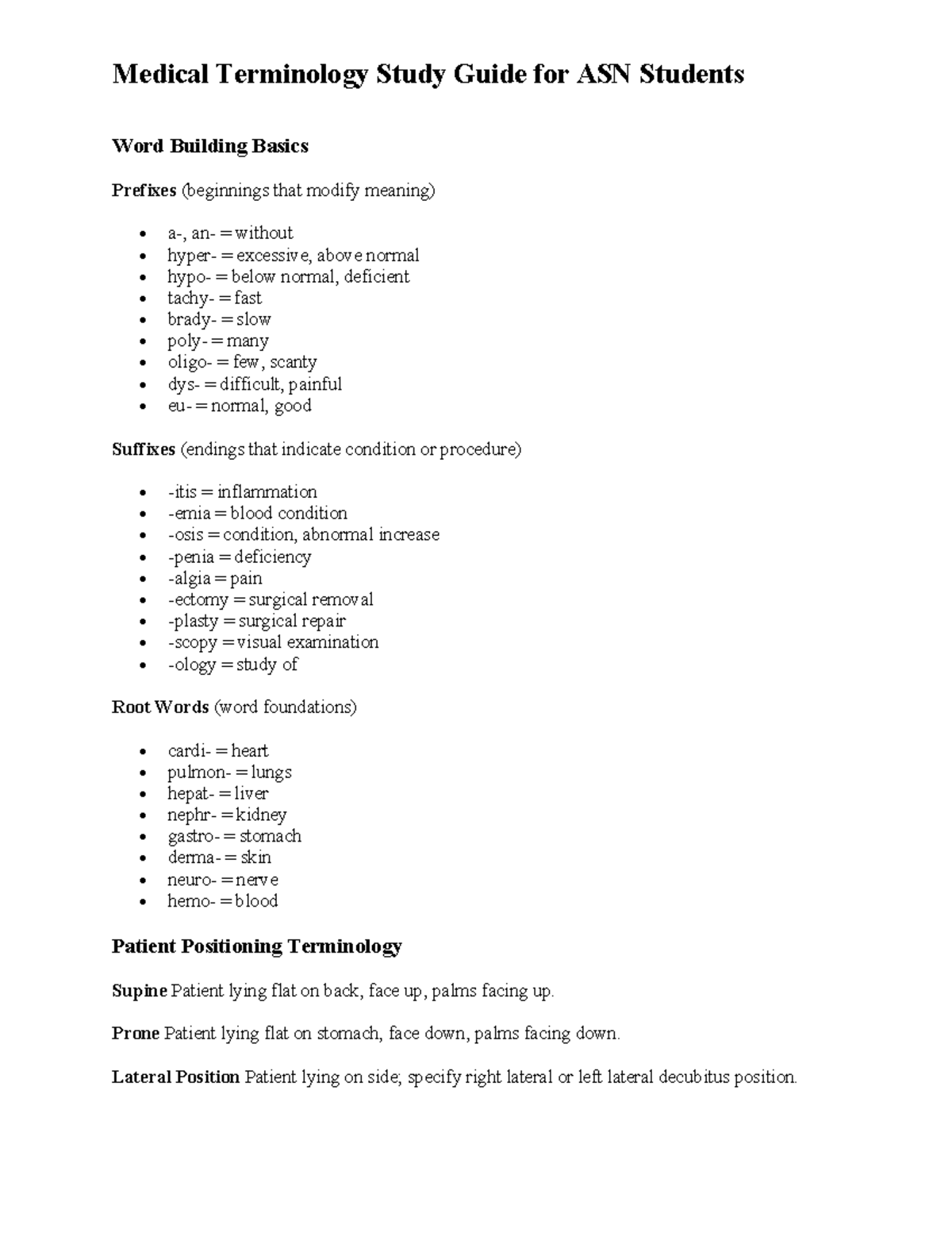Medical Terminology Study Guide for ASN Students: Word Building ...