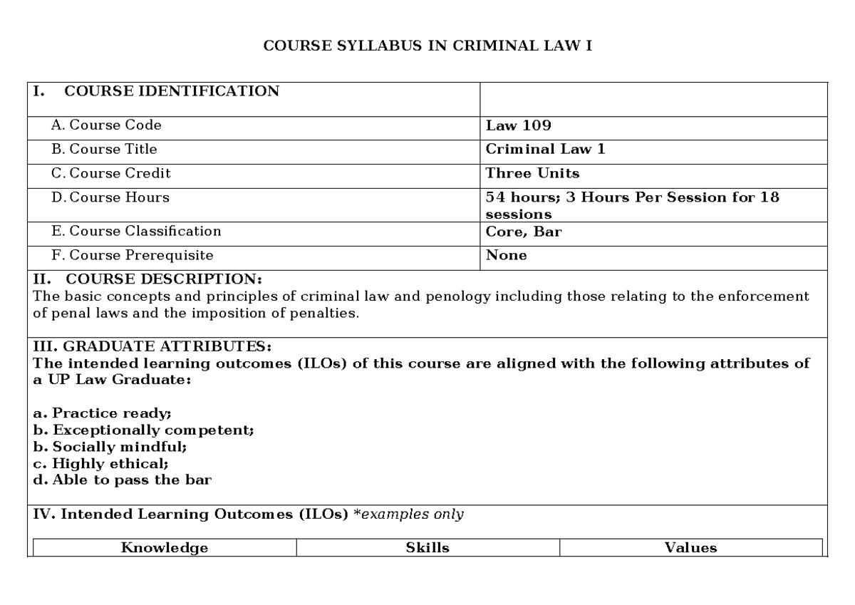 Law 109: Criminal Law I Course Syllabus and Overview - Studocu