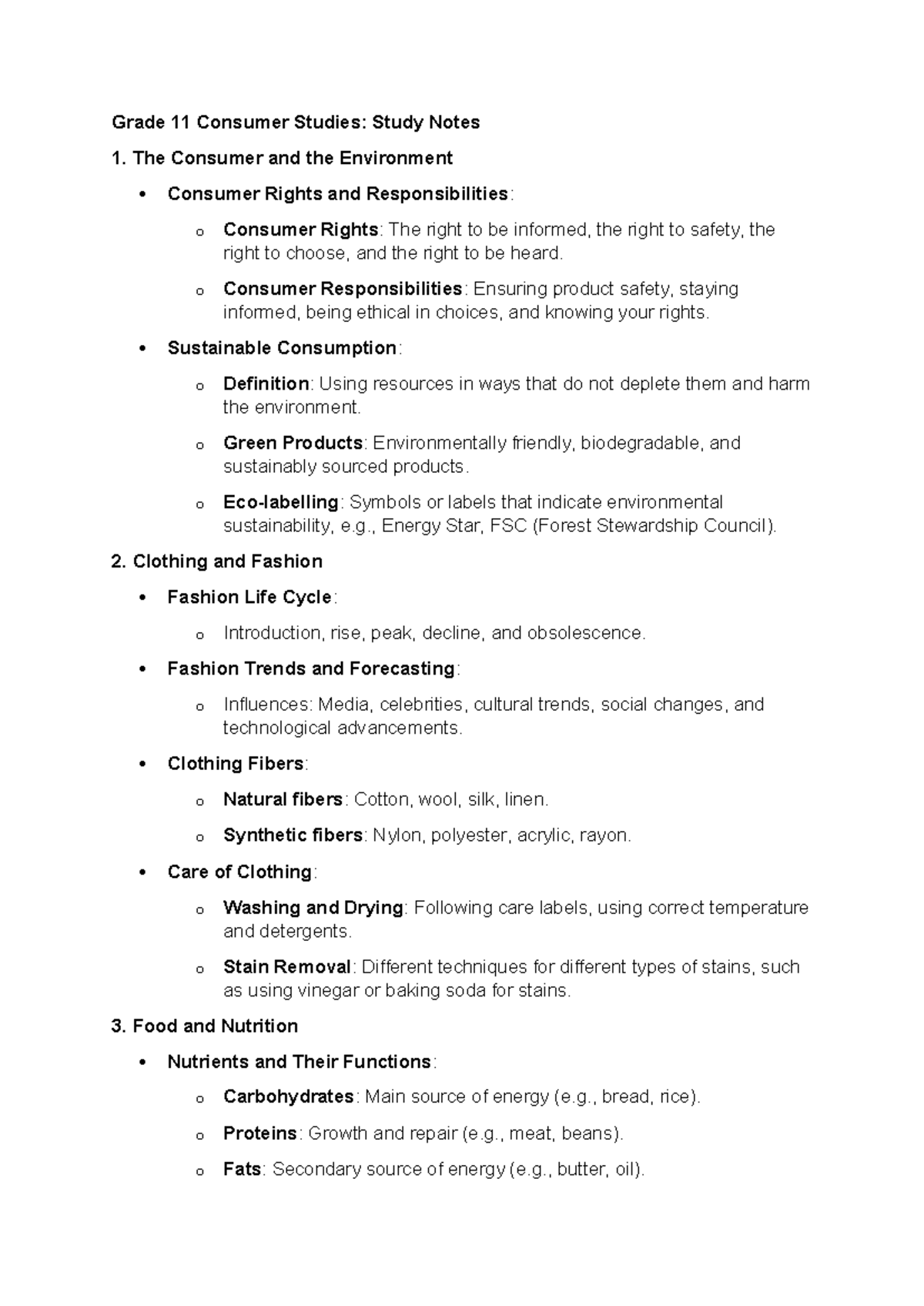 Grade 11 Consumer Studies: Comprehensive Study Notes Guide - Studocu
