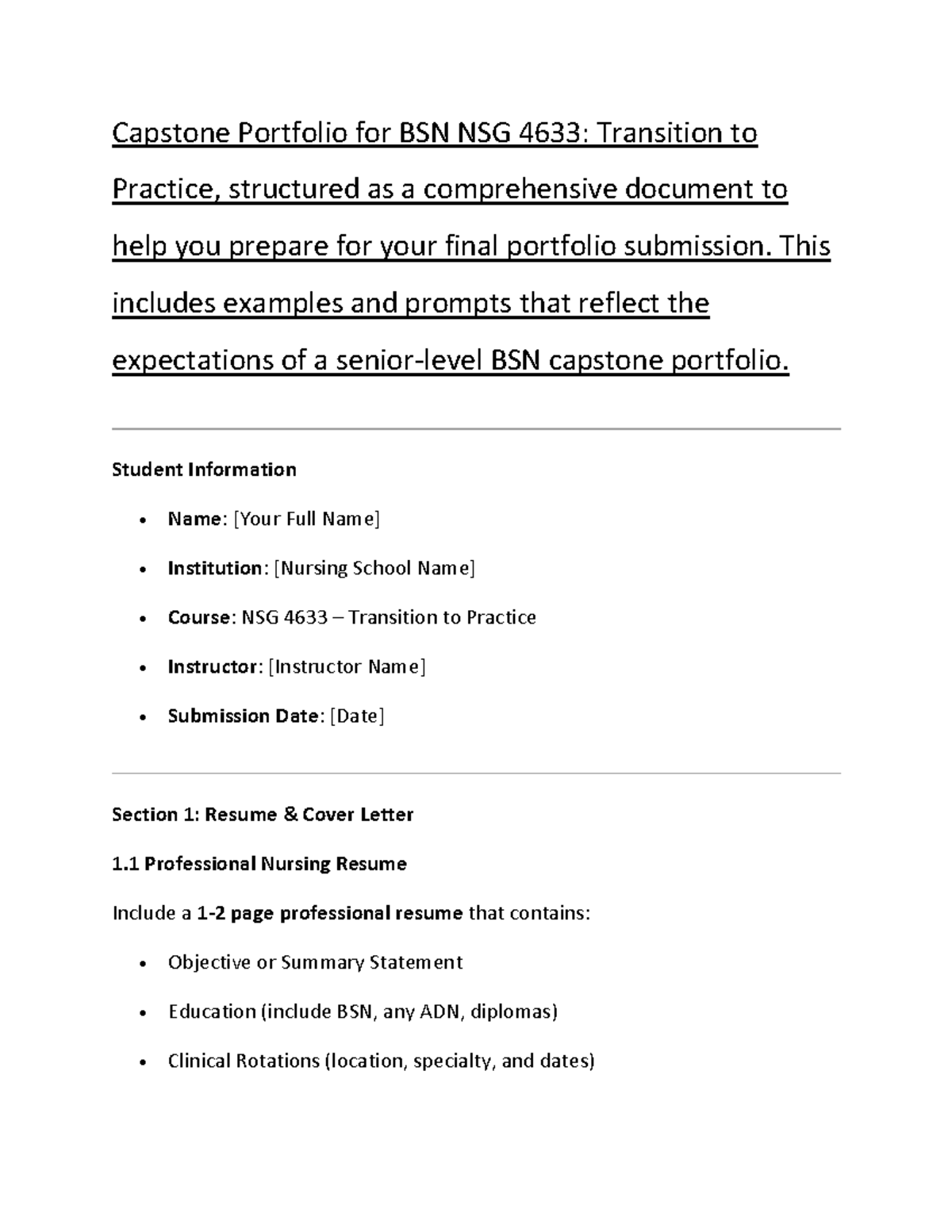 Capstone Portfolio Guide for BSN NSG 4633: Transition to Practice - Studocu
