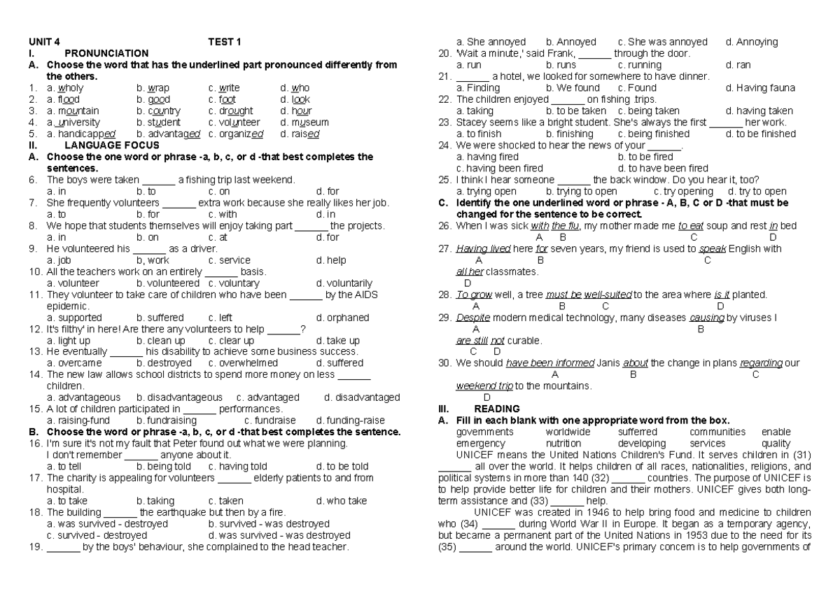 UNIT 4 BT MLH 11 - Pronunciation & Language Focus Test 1 - Studocu