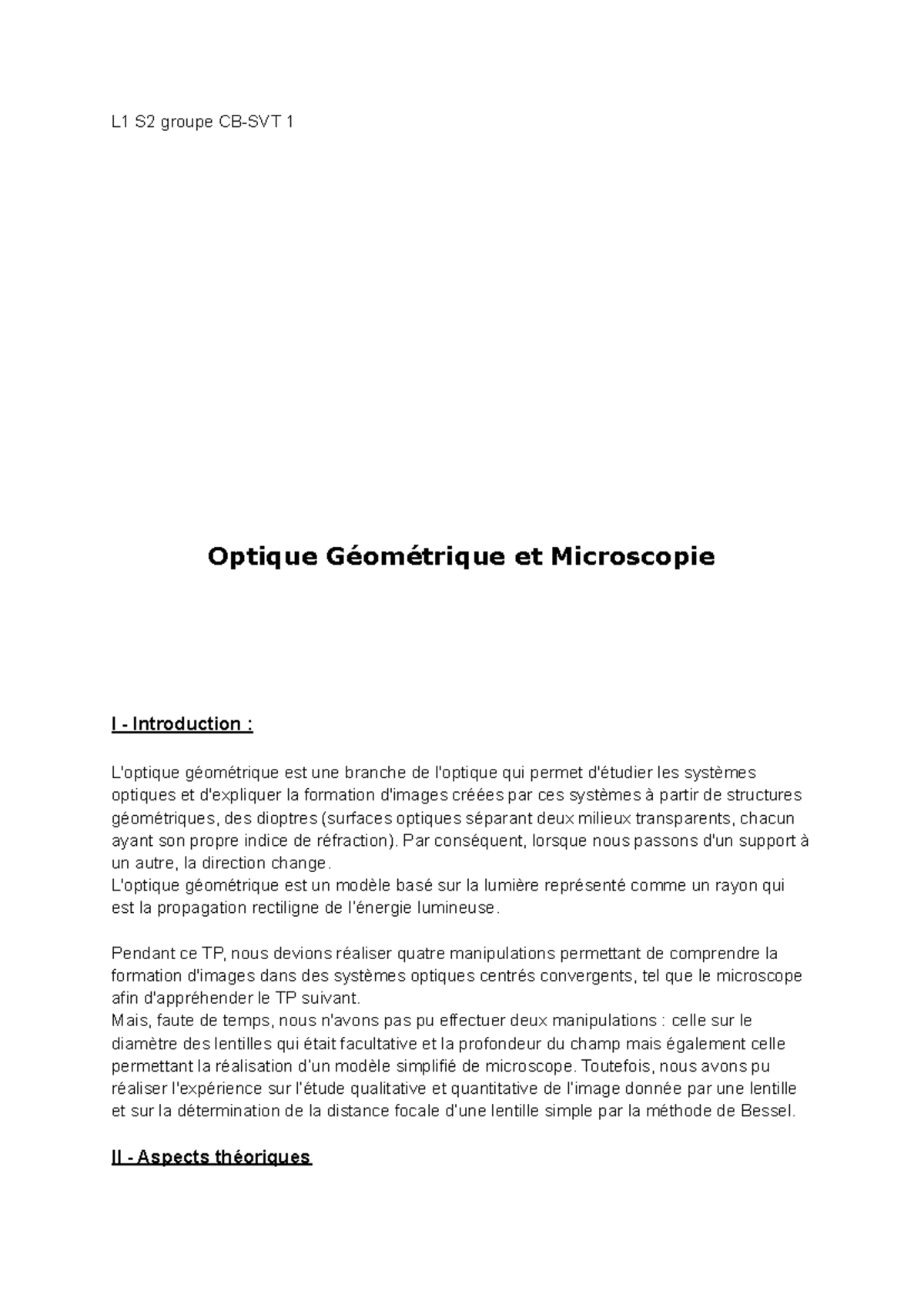 TP Optique L1 S2 - Éléments sur Microscopie et Lentilles Minces - Studocu