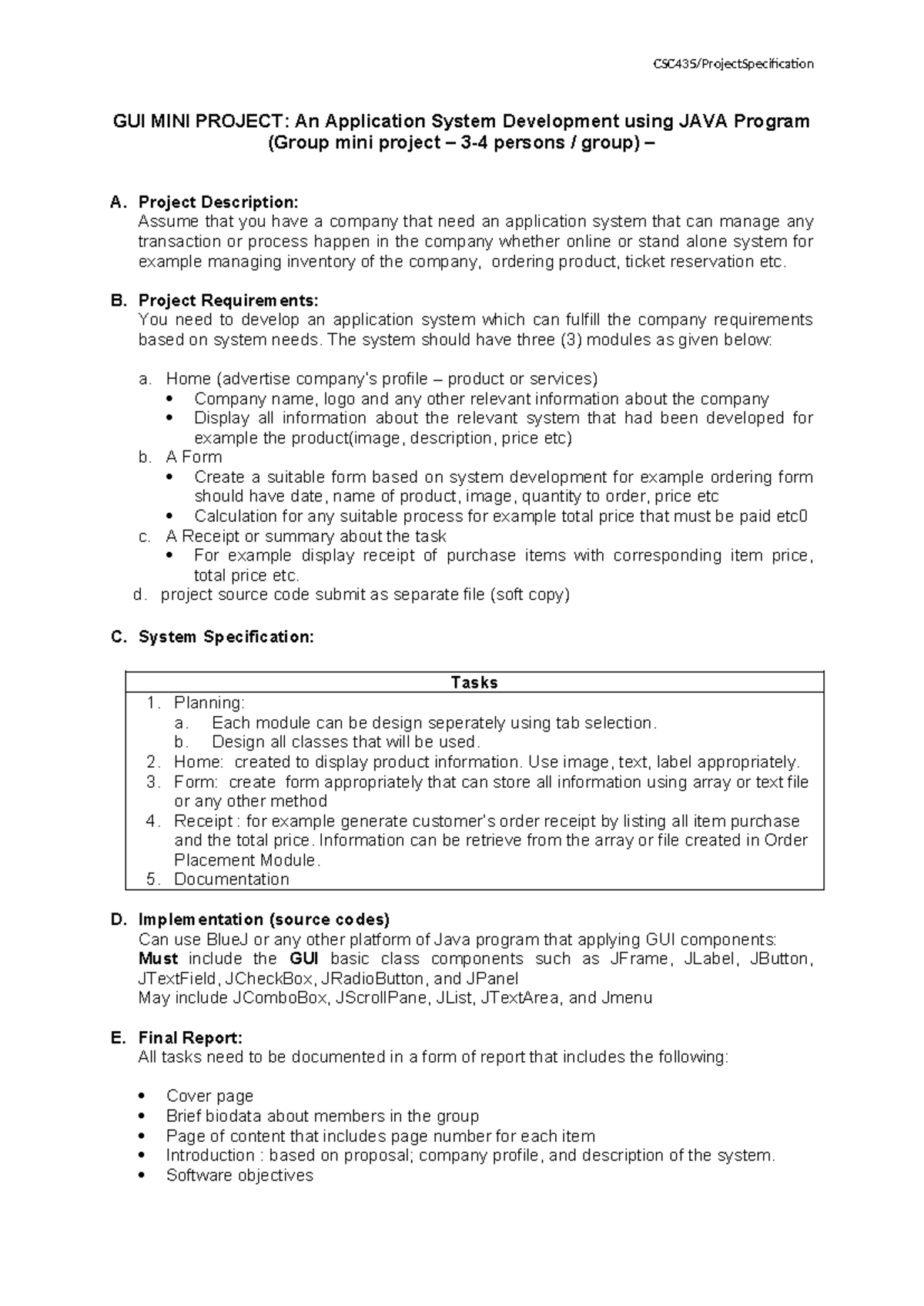 20254 GUI Mini Project: Application System Development in Java - Studocu