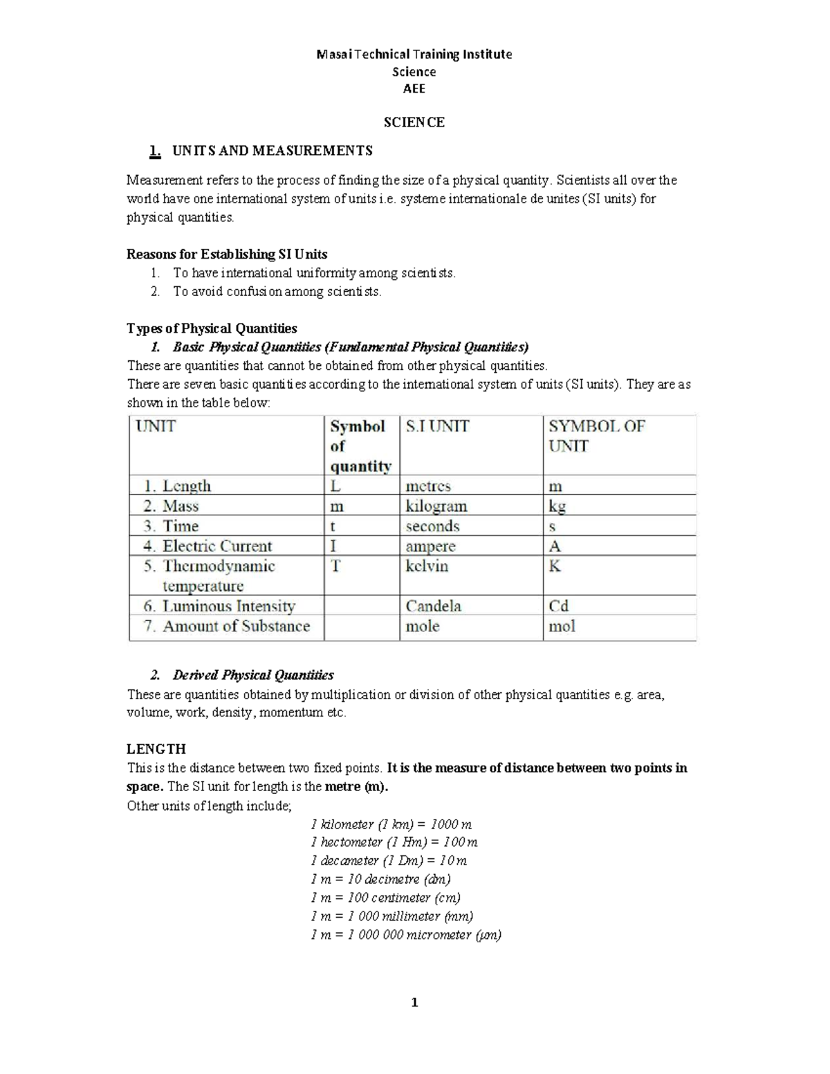 Masai Technical Training Institute Science AEE Full Course Notes on ...