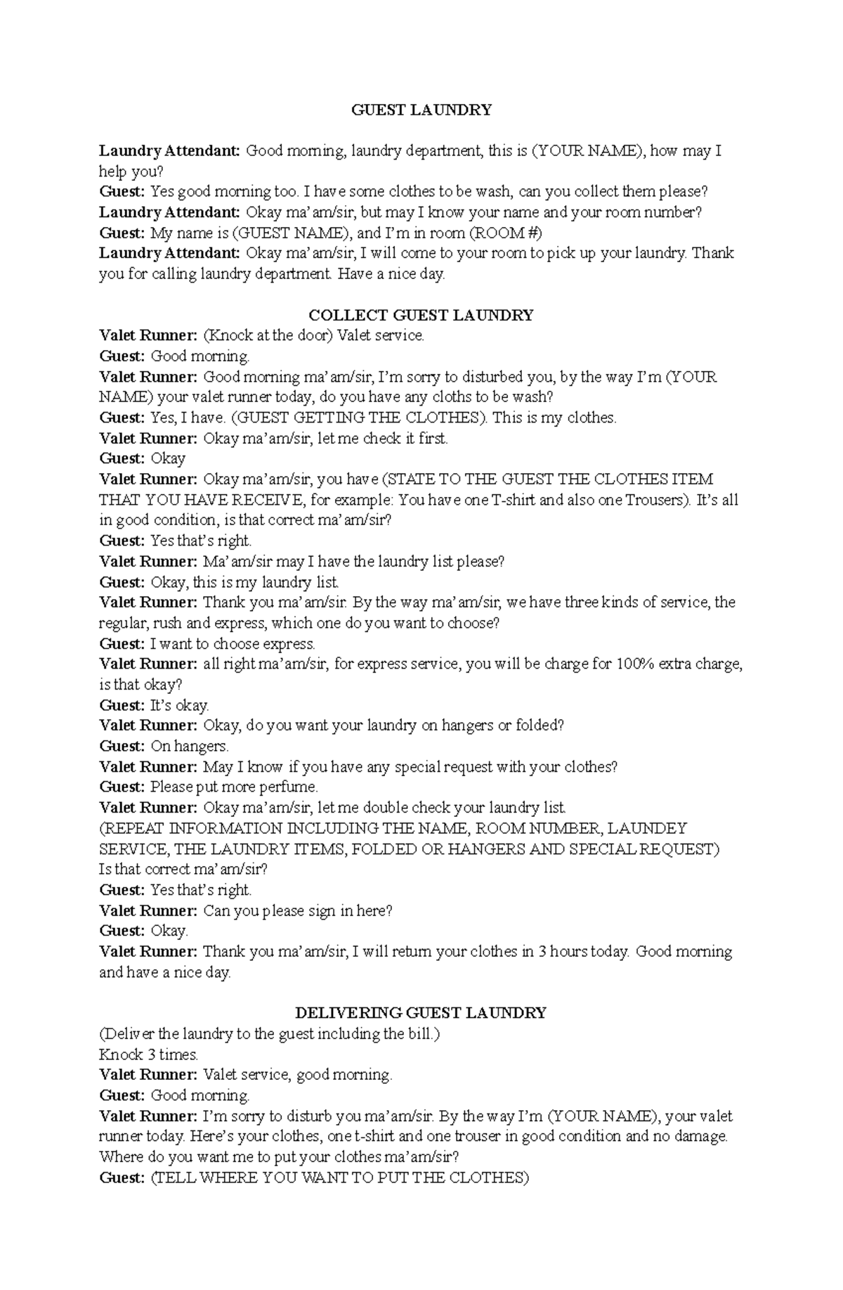 Guest Laundry Procedure: Step-by-Step for Valet Service - Studocu