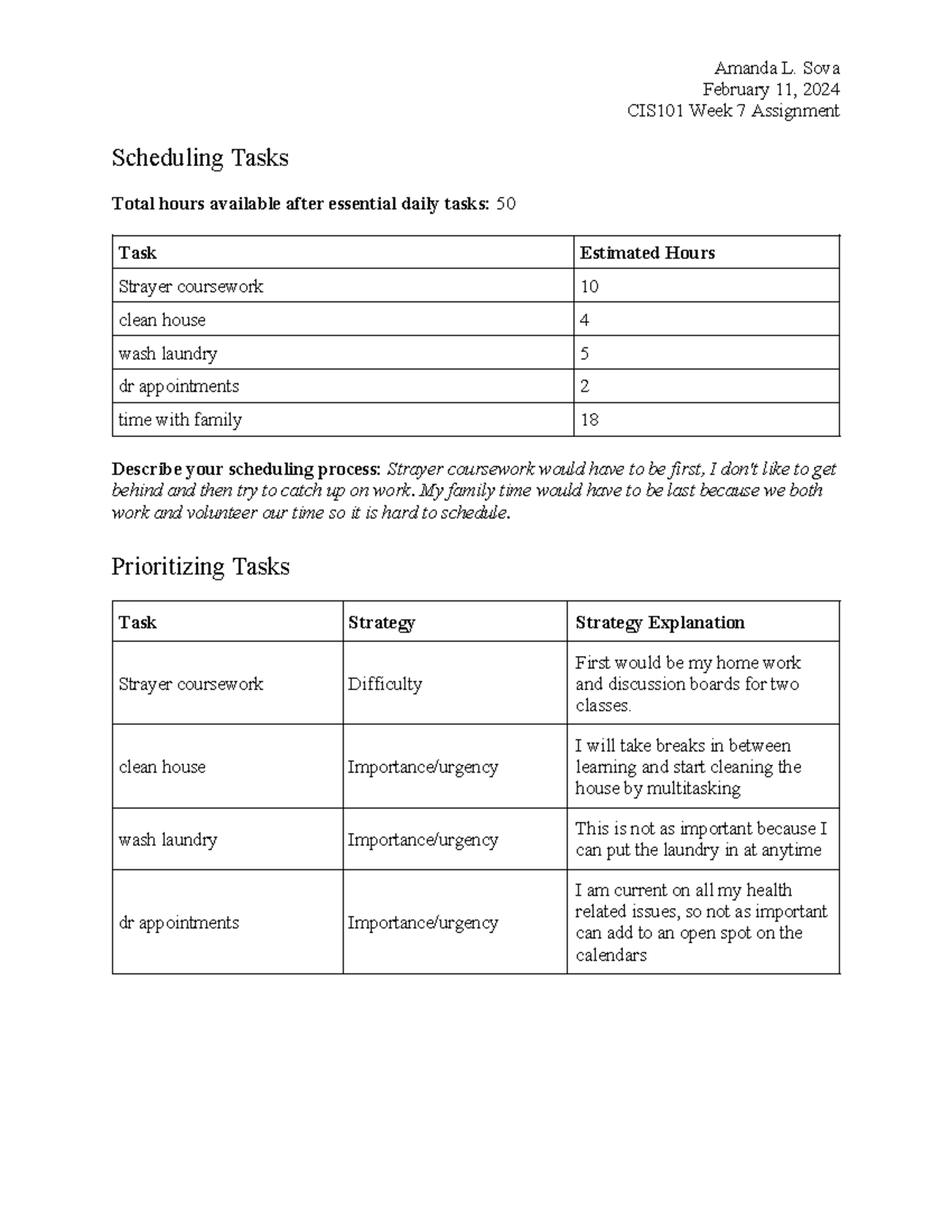 CIS Week7A - assignment - Amanda L. Sova February 11, 2024 CIS101 Week 7 Assignment Scheduling ...