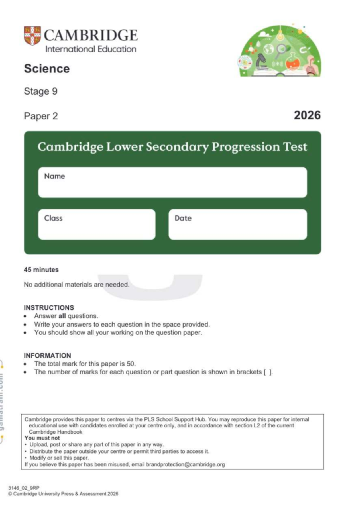 Science Progression Test 2026: Cambridge International Education Stage ...