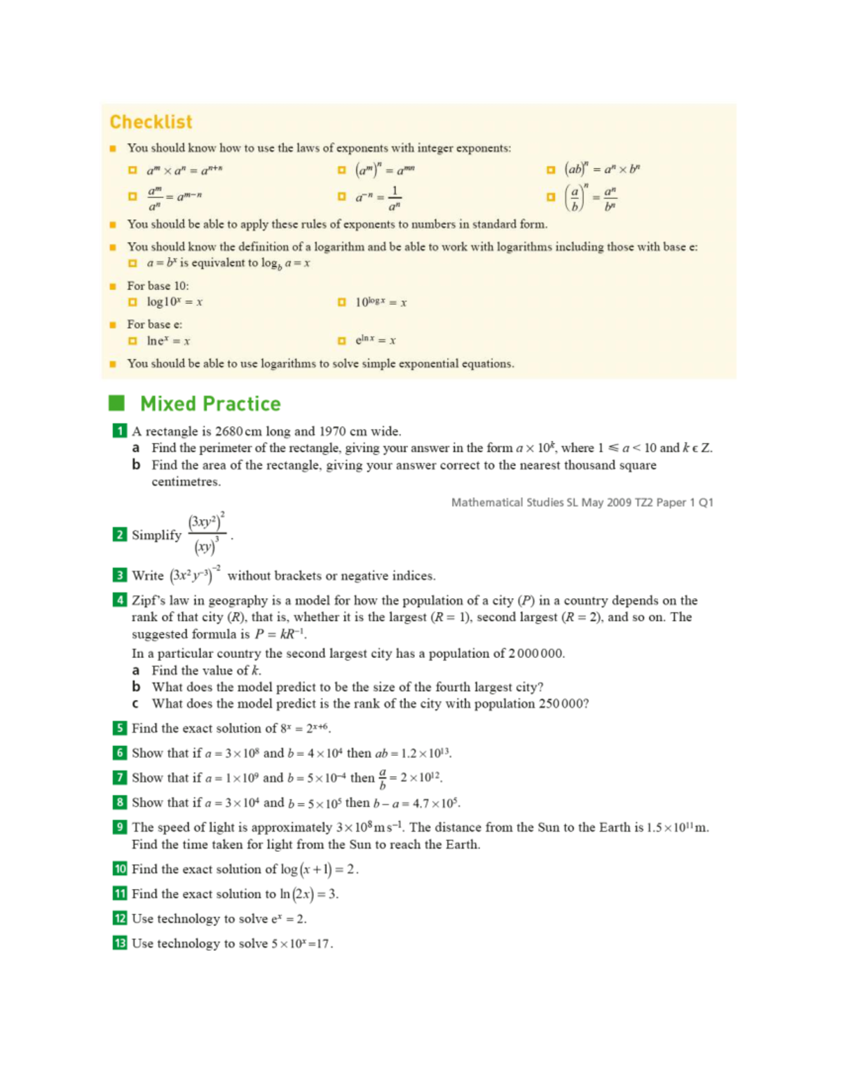 Ch1 Mixed Review: Exponents & Logarithms Practice (Math SL) - Studocu