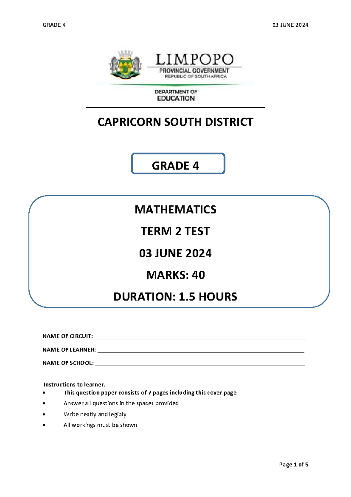 Grade 4 Mathematics Term 2 Test - June 3, 2024 - Studocu