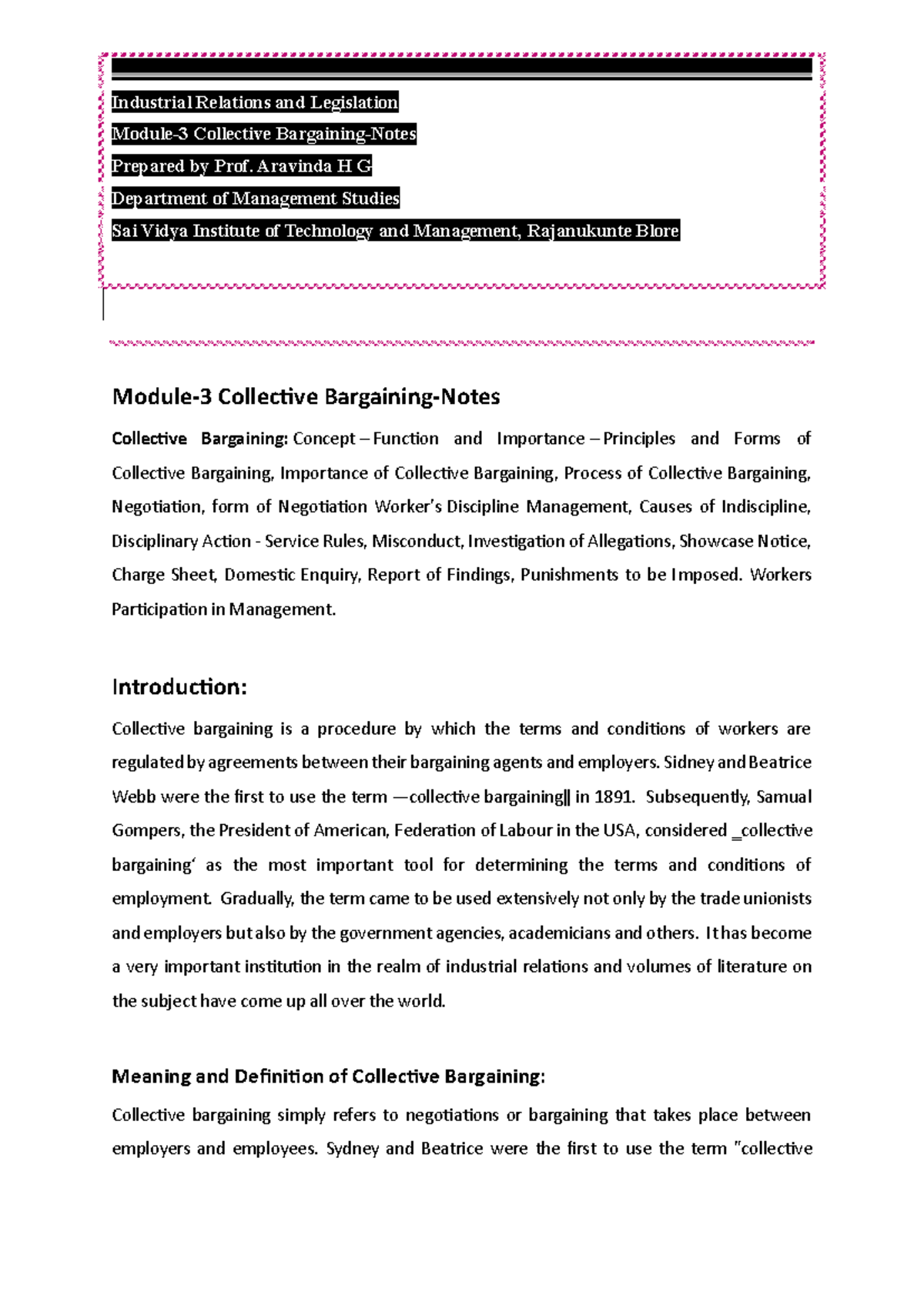 Module-3: Collective Bargaining Notes (INDR 301) - Studocu