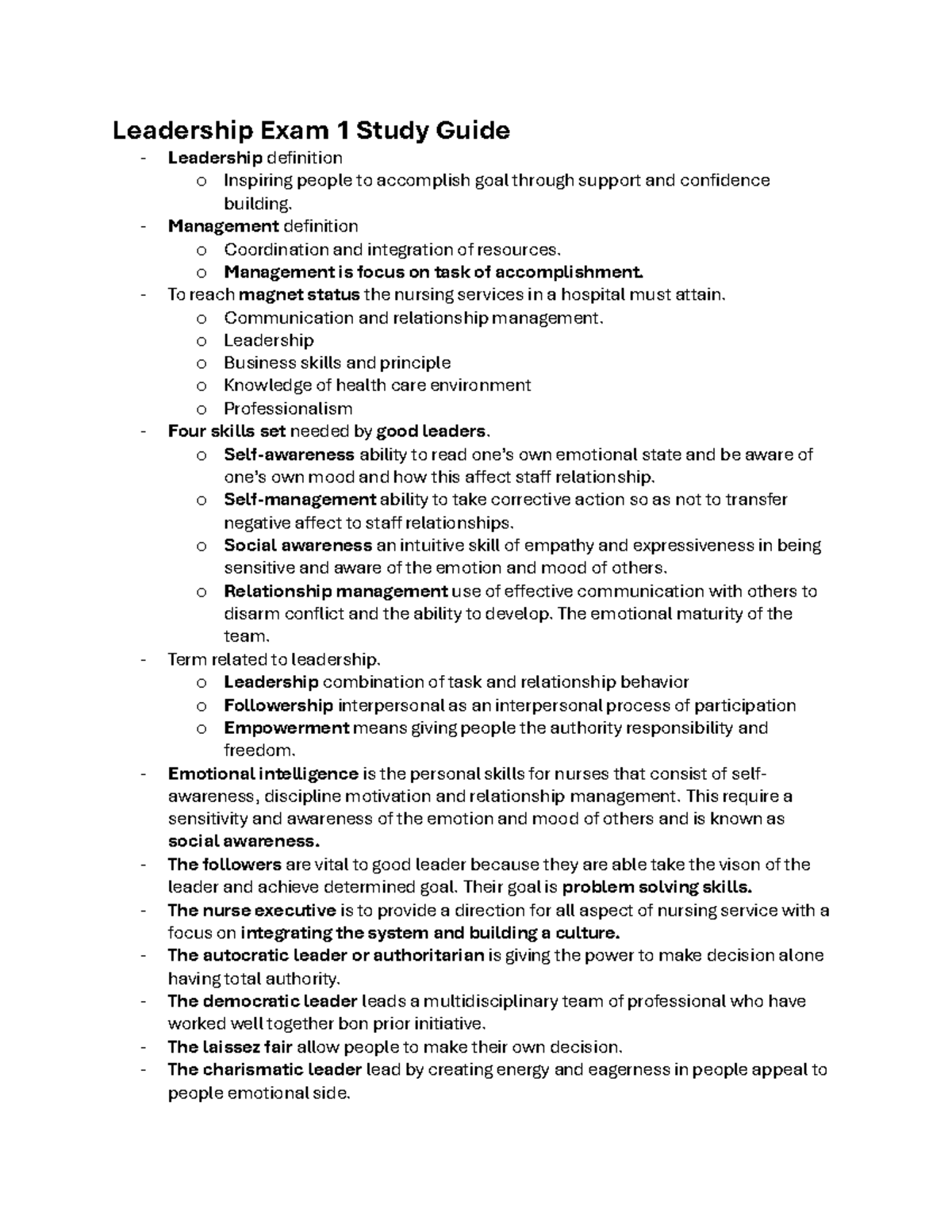 Leadership Exam 1 Study Guide: Key Concepts and Skills for Success ...