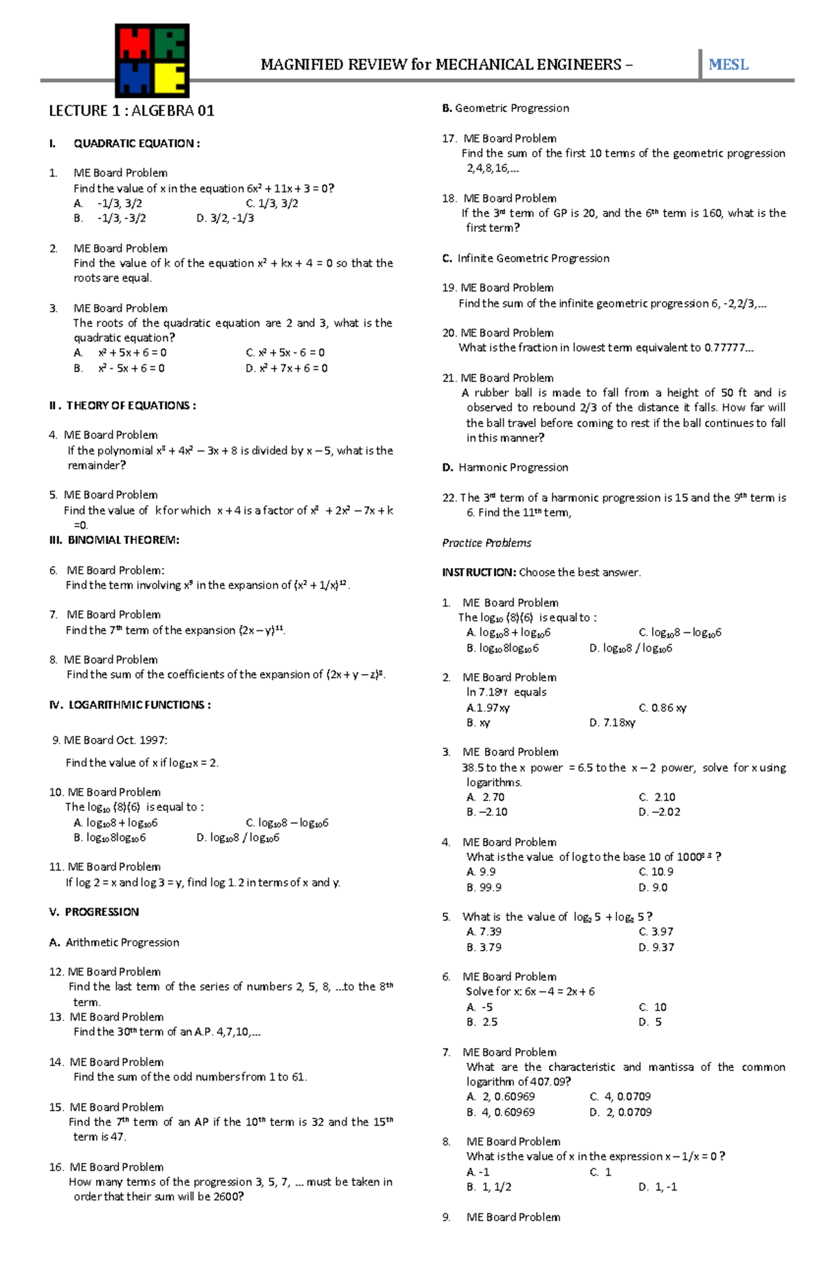 Algebra Problem Set for Mechanical Engineers - MESL Lecture 1 - Studocu