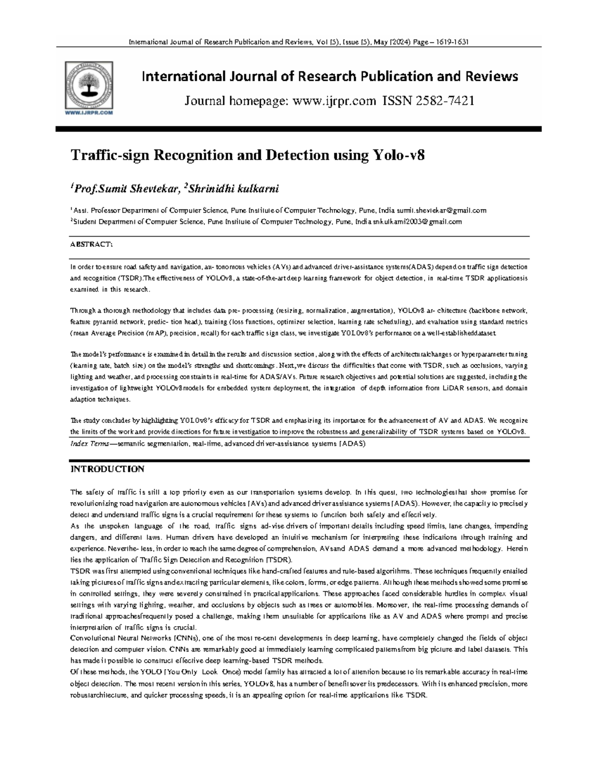 Traffic Sign Recognition and Detection Using YOLOv8 - IJRPR Vol 5 ...