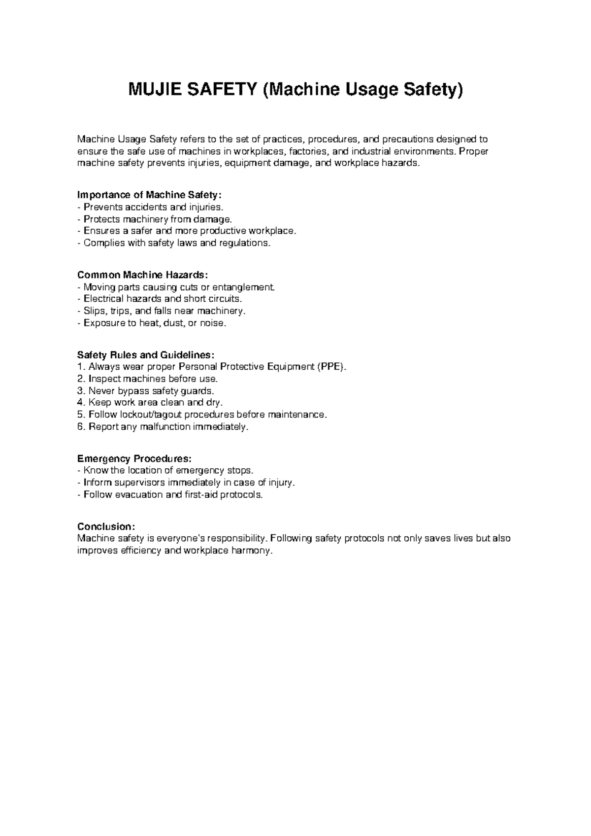 MUJIE SAFETY (Machine Usage Safety) Guidelines and Best Practices - Studocu