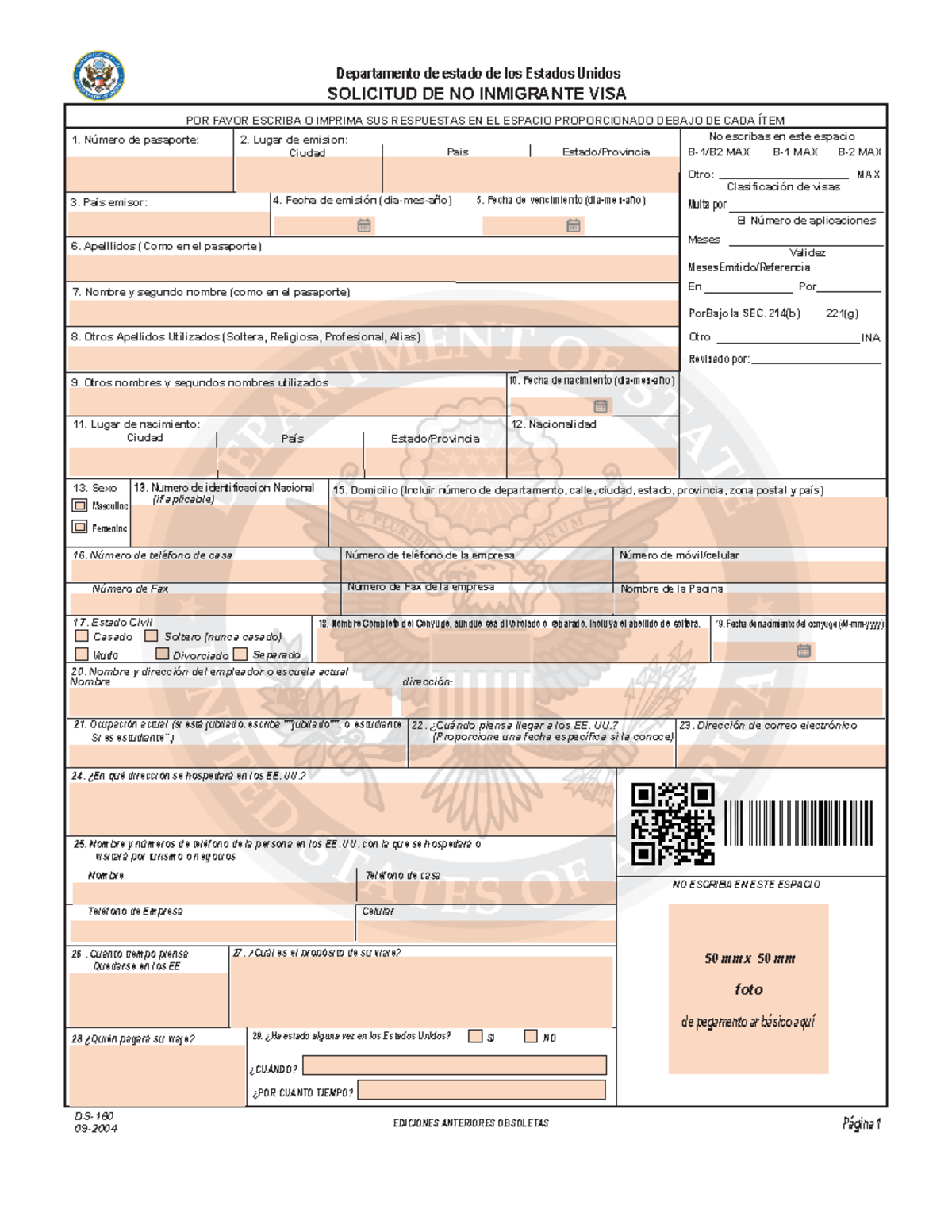 Formulario DS-160 para Solicitud de Visa No Inmigrante en Español - Studocu