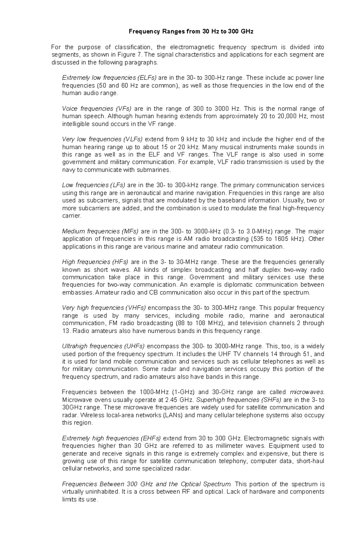 Electromagnetic Frequency Spectrum Overview: 30 Hz to 300 GHz - Studocu