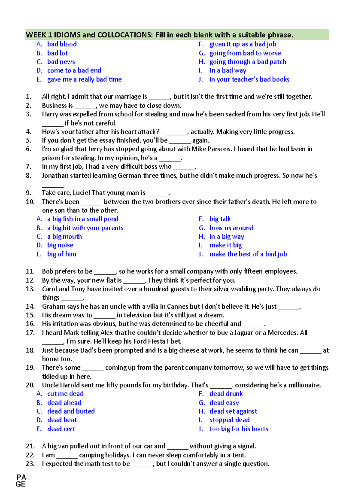 WEEK 1: Idioms & Collocations Exercise Fill-in-the-Blank Activities ...