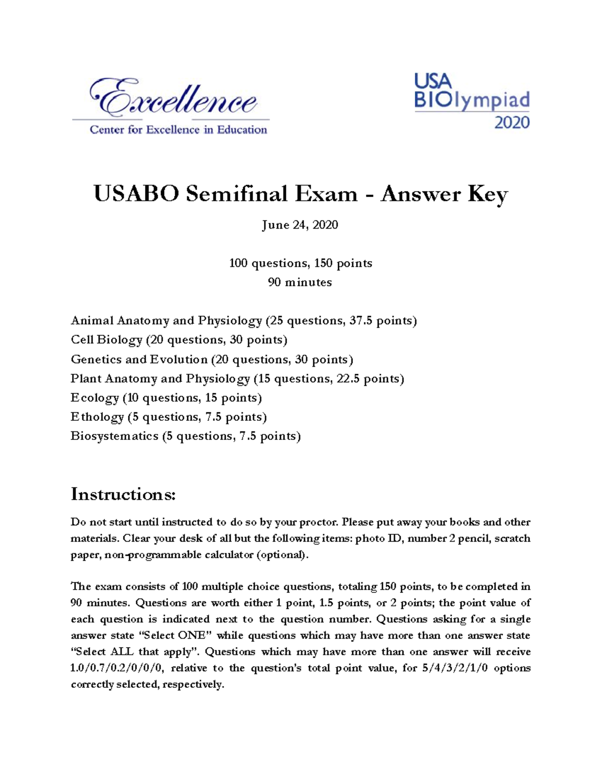 2020 USABO Semifinal Exam Answer Key - June 24, 150 Points - Studocu