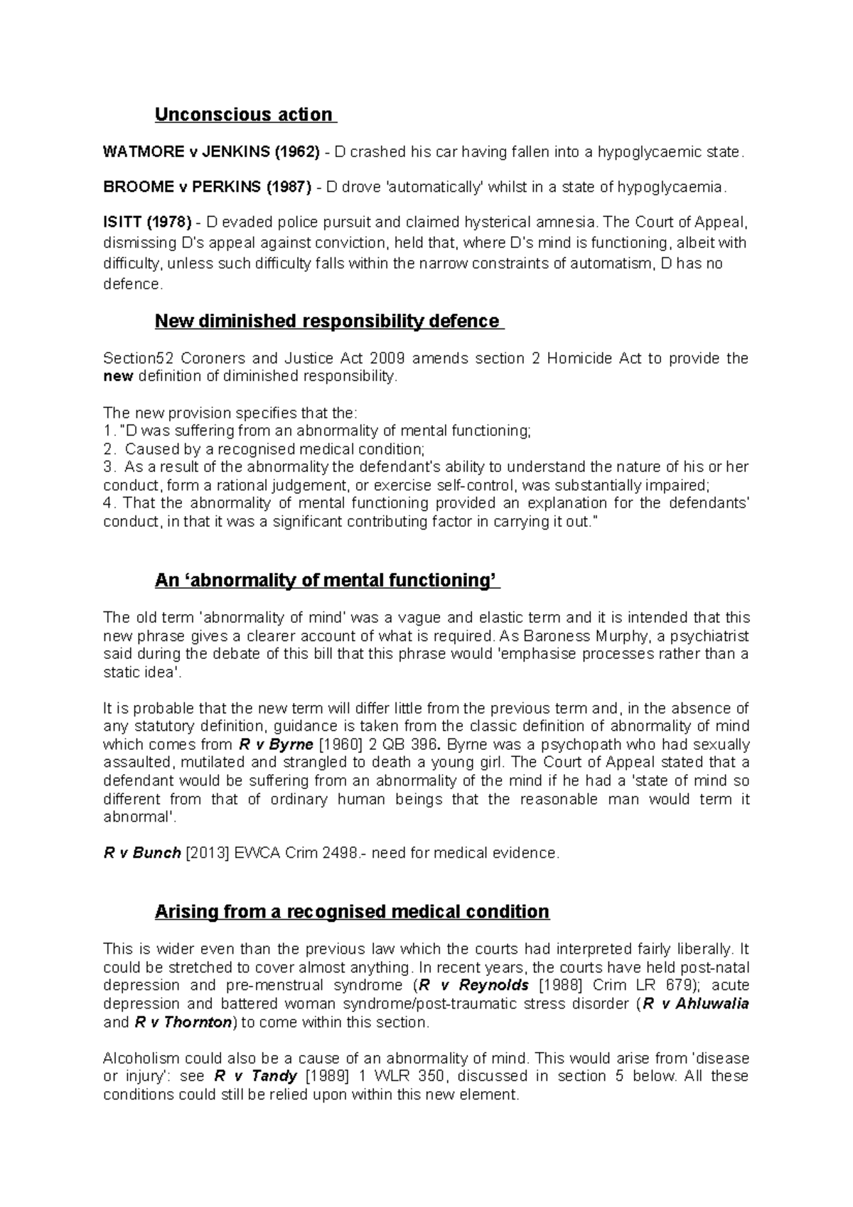 Unconscious Action: Key Cases and Insights - Lec 1 Notes - Studocu