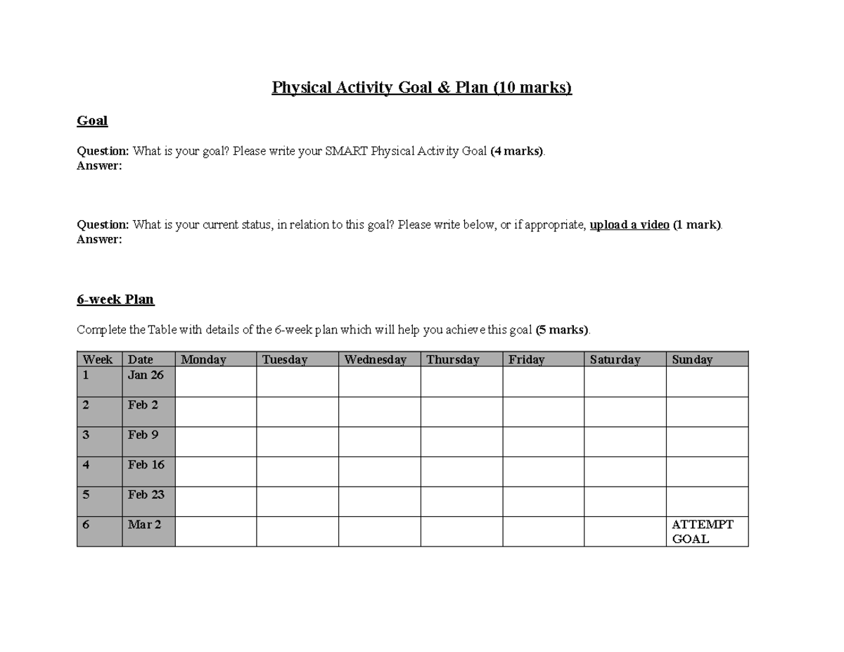 Physical Activity Goal & Plan - Physical Activity Goal & Plan (10 marks ...