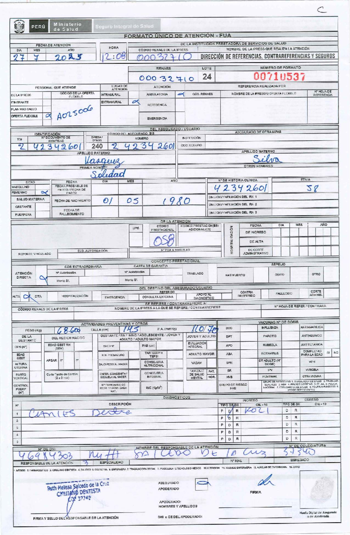 Formato Único de Atención FUA - Ministerio de Salud PERÚ 27/07/2025 ...