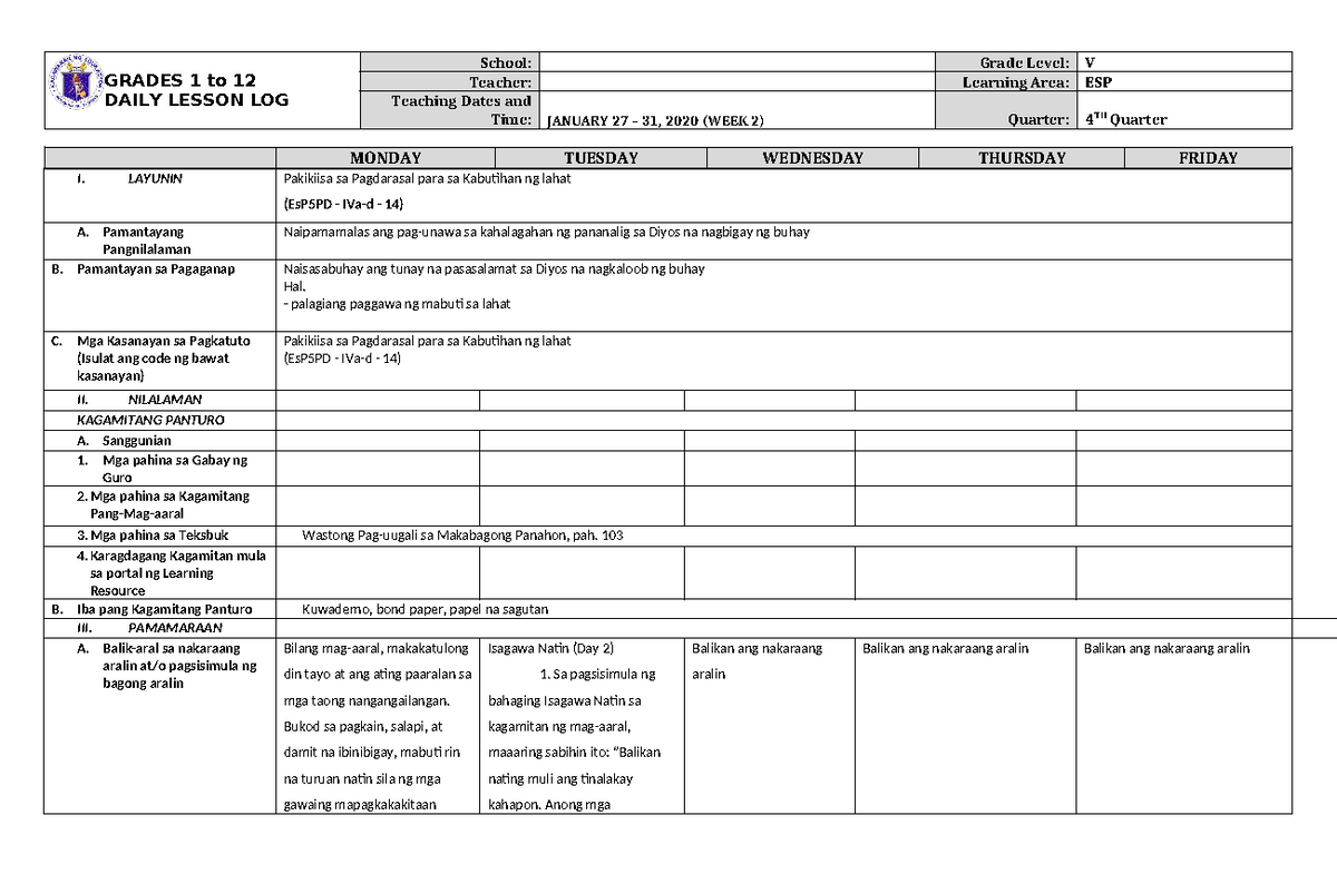Grade 5 DLL ESP 5 Q4 Week 2 - GRADES 1 to 12 DAILY LESSON LOG School ...