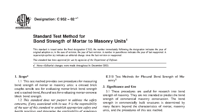 ASTM C 952-02: Standard Test Method for Mortar Bond Strength - Studocu