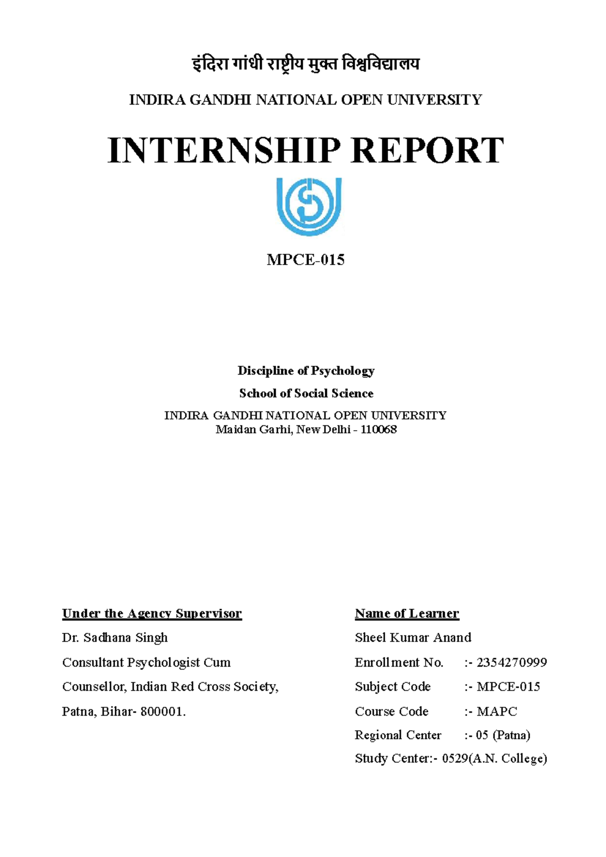 IGNOU Internship Report: Clinical Psychology Evaluation and Insights ...