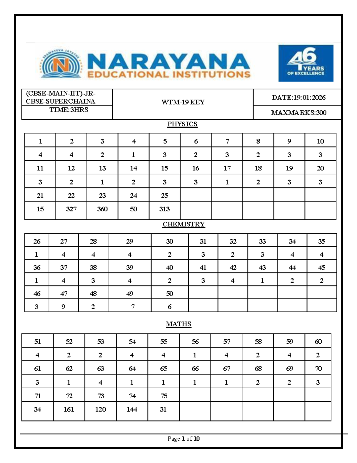 JR JEE Final WTM-19 Key Solutions and Study Guide - Studocu