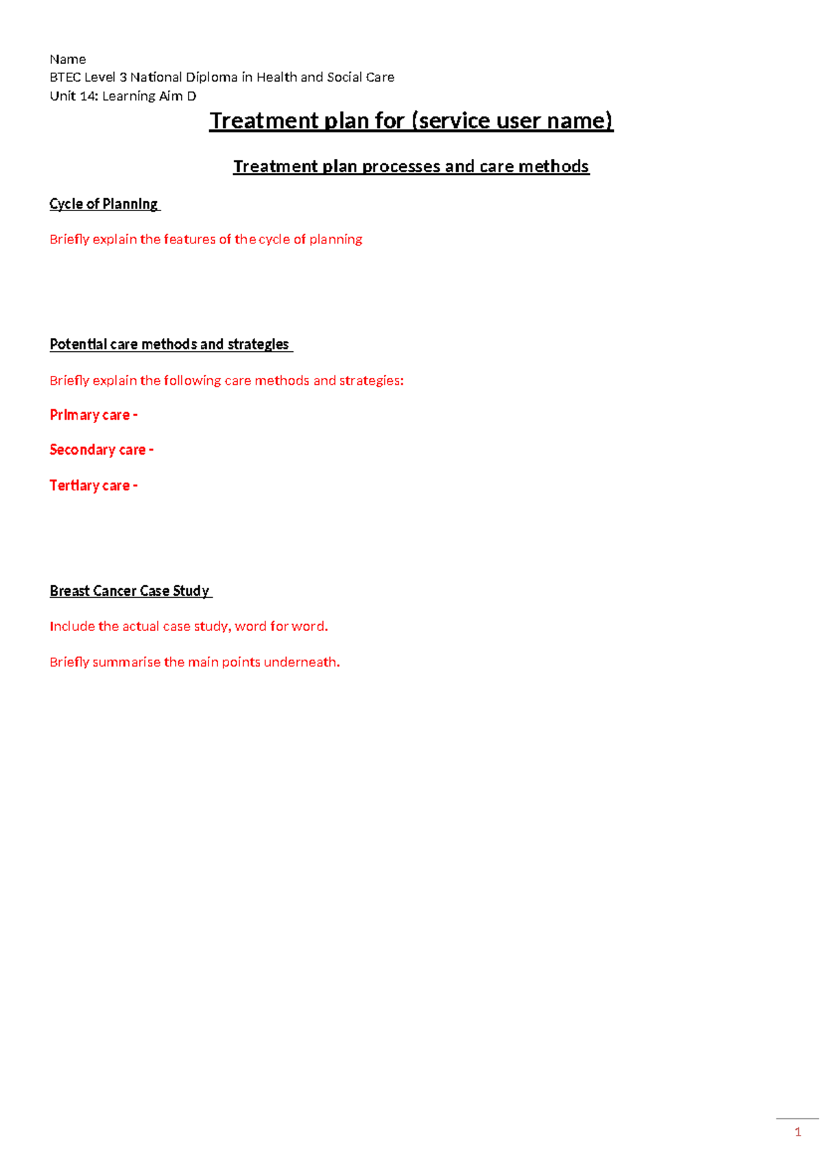 Unit 14 D - Health Treatment Plan & Care Methods for BTEC Level 3 - Studocu