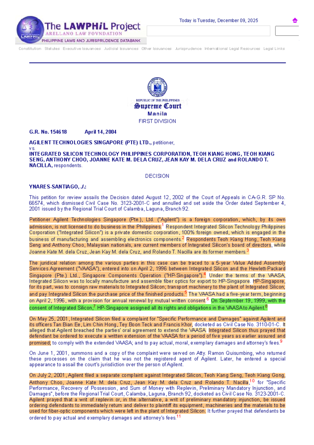Agilent Technologies Singapore vs. Integrated Silicon Tech: Case ...