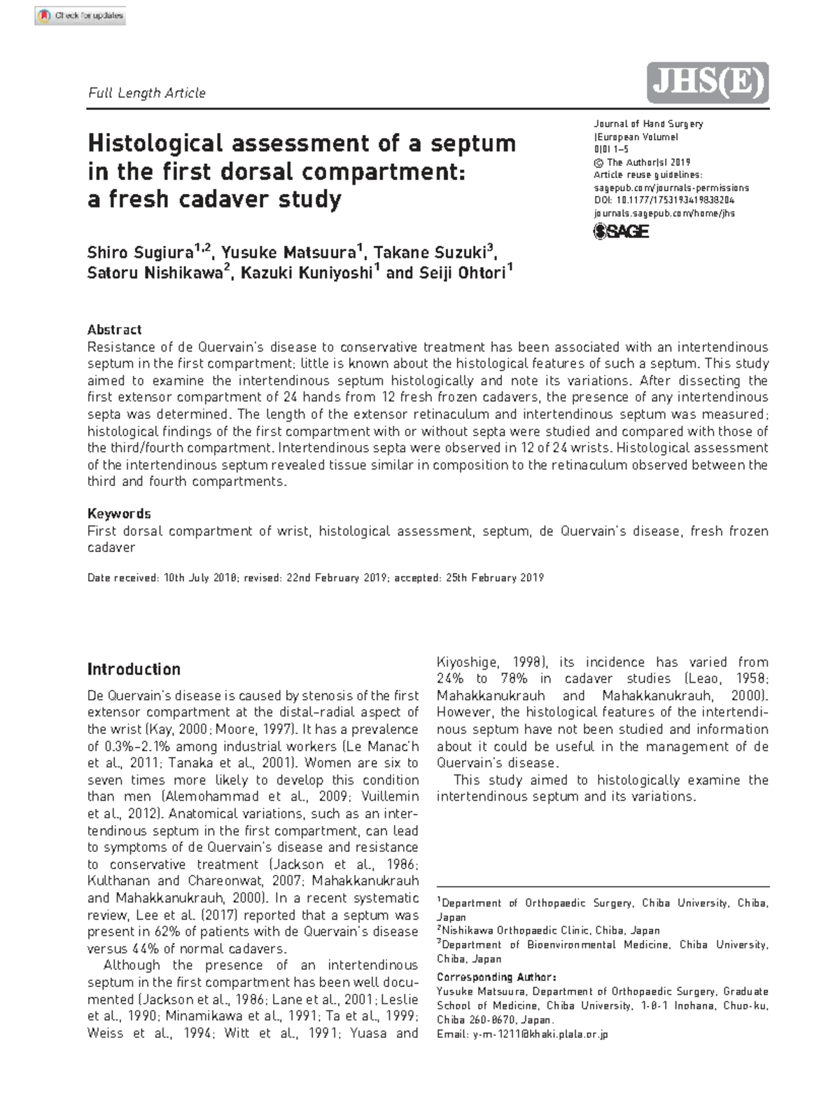 Histological Assessment of Intertendinous Septum in First Dorsal ...