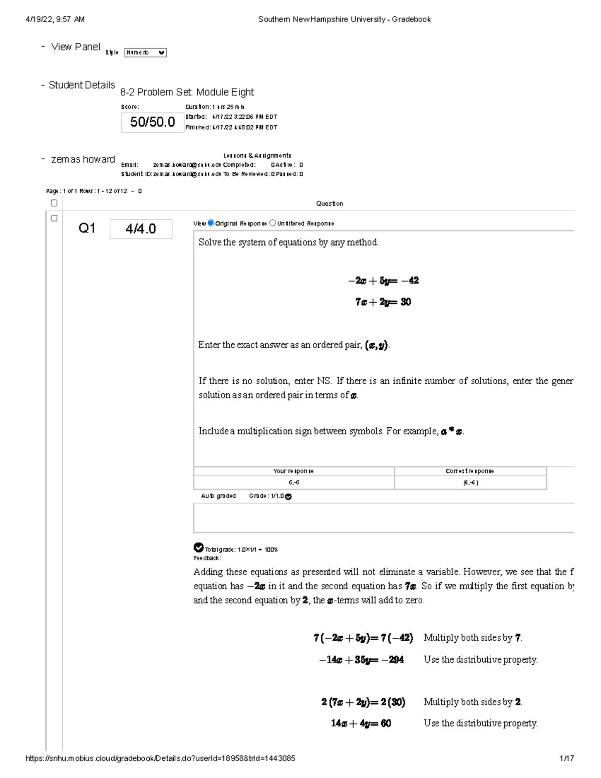 MAT 140 8-2 Module Eight Problem Set Gradebook - Page: 1 of 1 Rows: 1 ...