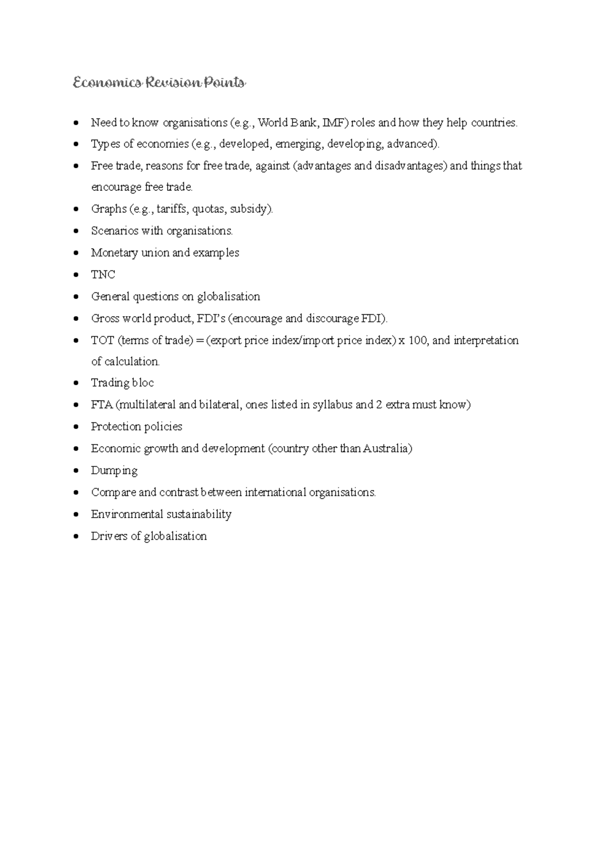 ECO101: Key Economics Concepts & Globalisation Revision Points - Studocu