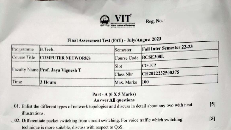 Final Assessment Test BCSE308L: Computer Networks 2023 Fall - Studocu