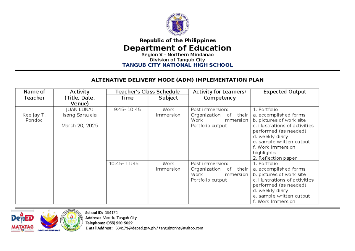 Abapo ADM implementation plan for Juan Luna work immersion - Studocu