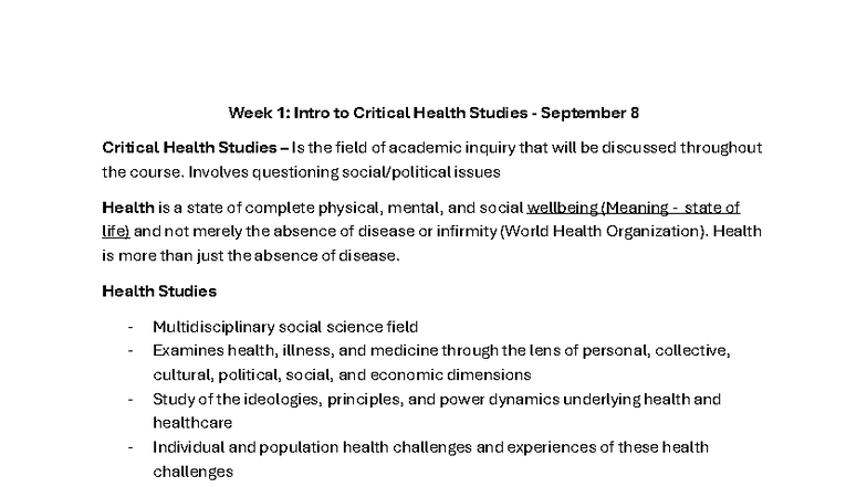 Hlthage - Midterm 1 Notes: Intro to Critical Health Studies - Studocu