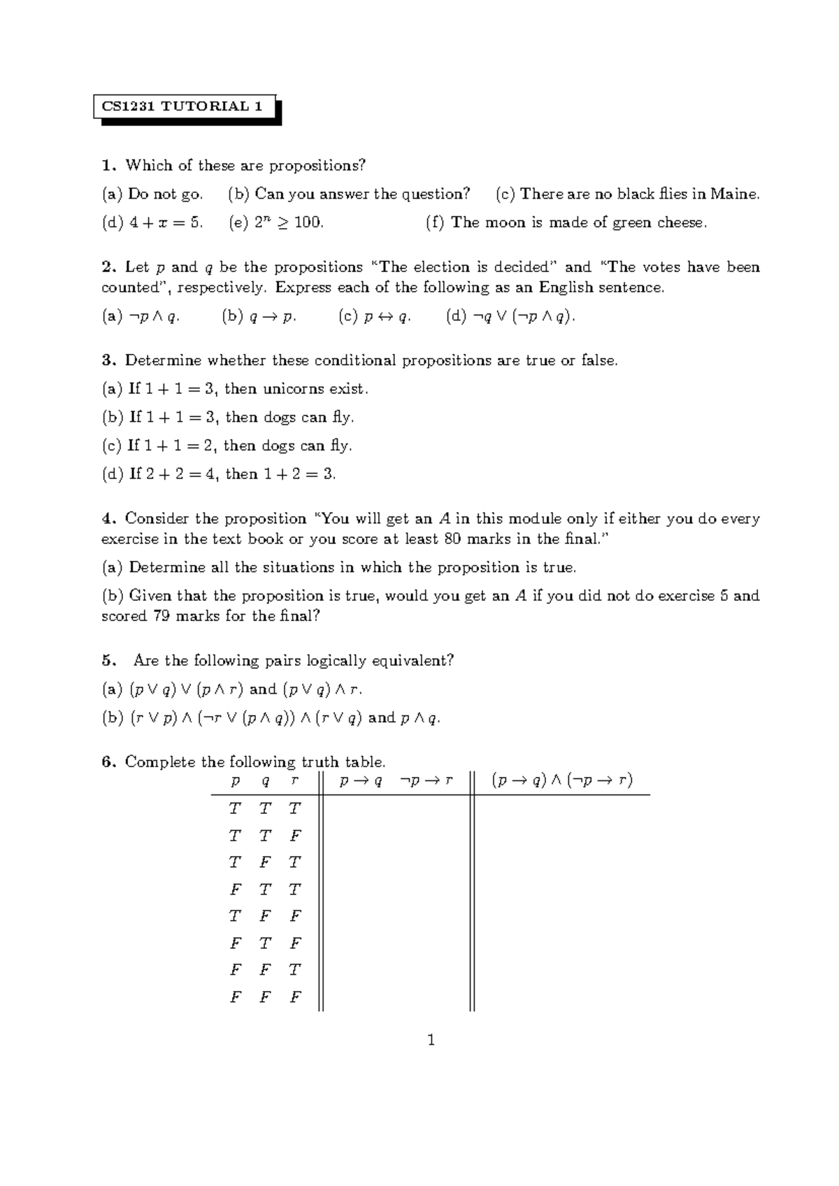 CS1231 TUTORIAL 1: Propositions and Logical Equivalence - Studocu